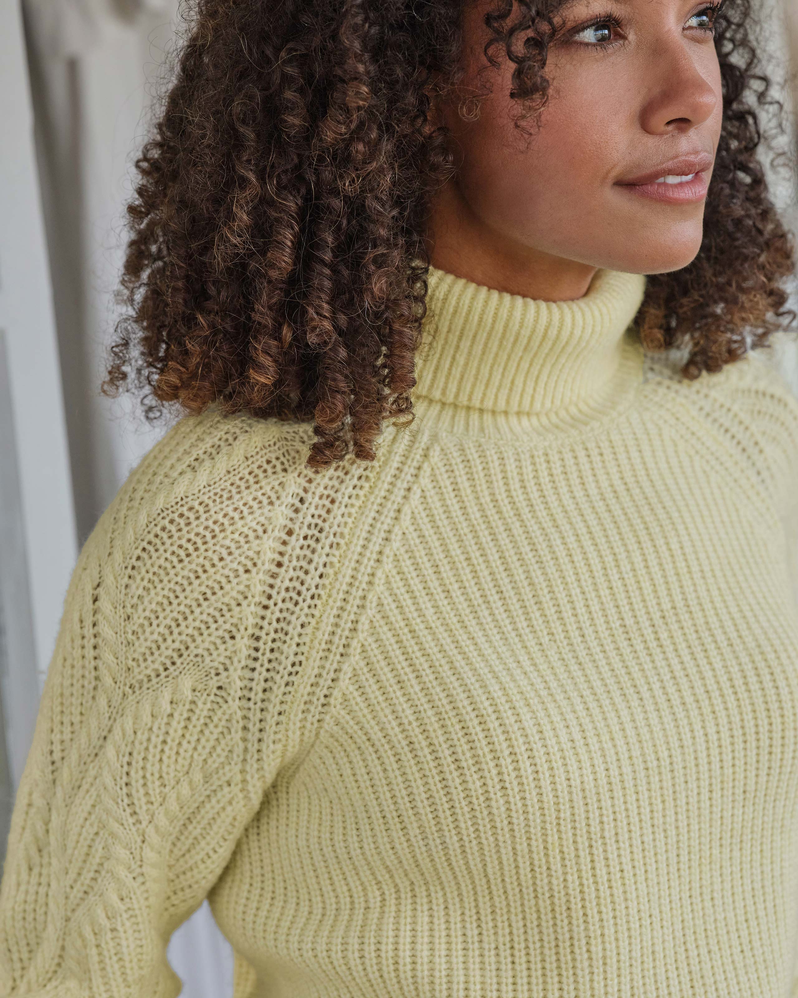 Primrose Yellow | Cable Roll Neck Jumper | WoolOvers AU