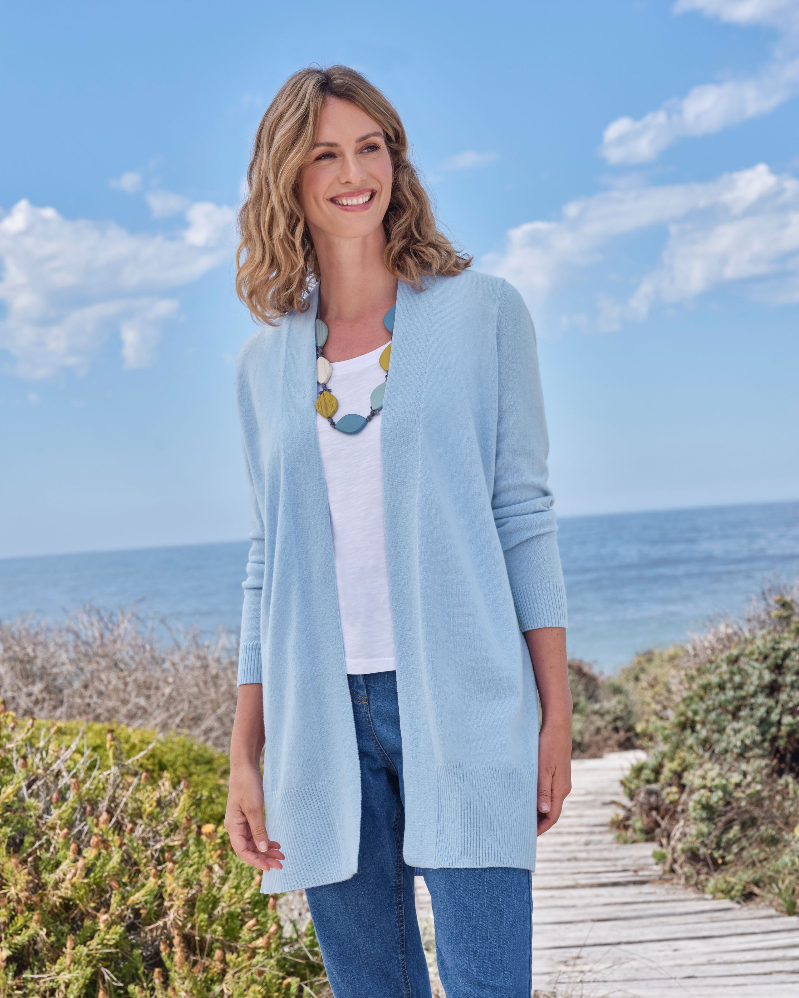 Light Blue | Cashmere Merino Longline Edge to Edge Cardigan | WoolOvers AU