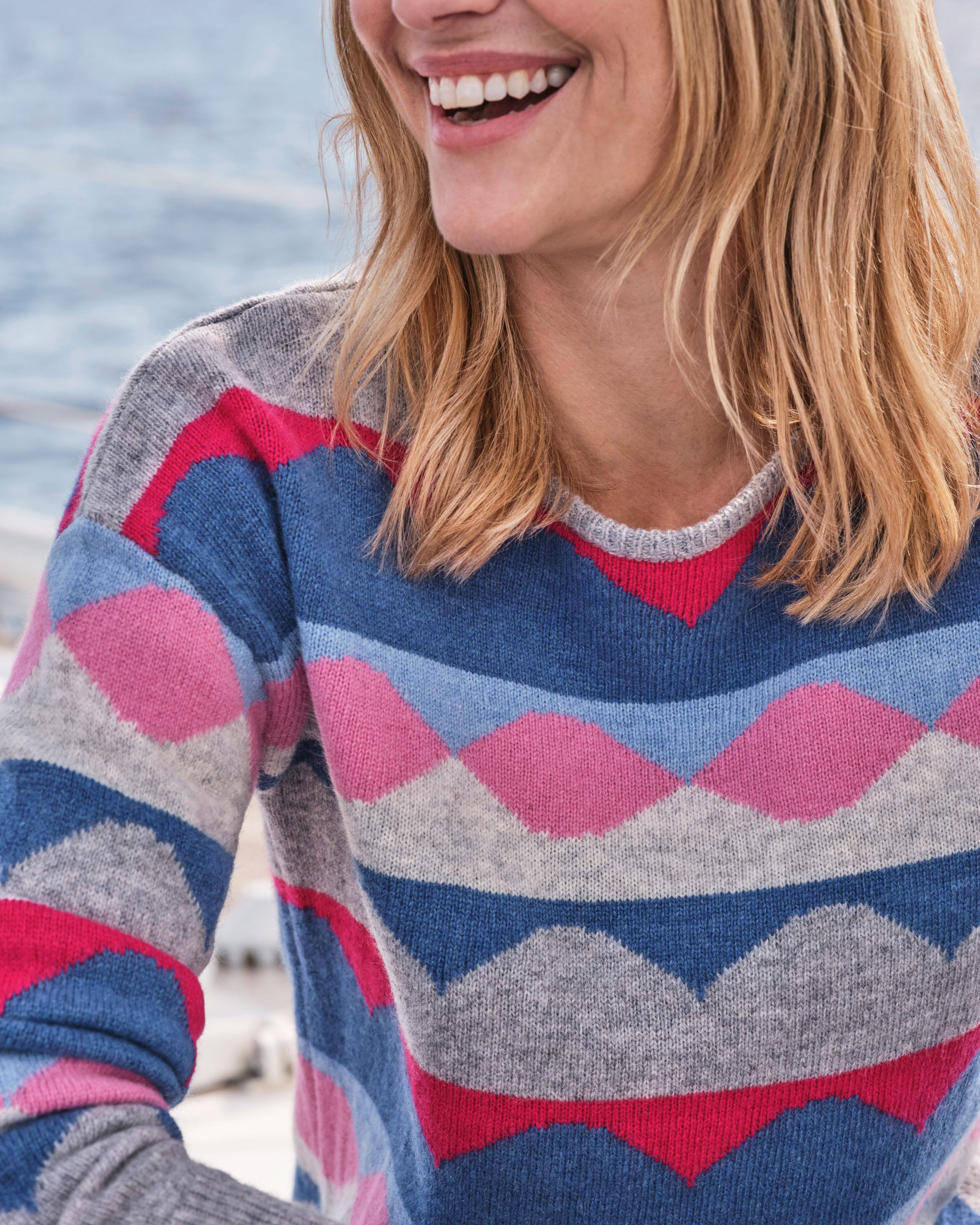 Blue Multi | Scallop Stripe Boat Neck Jumper | WoolOvers AU