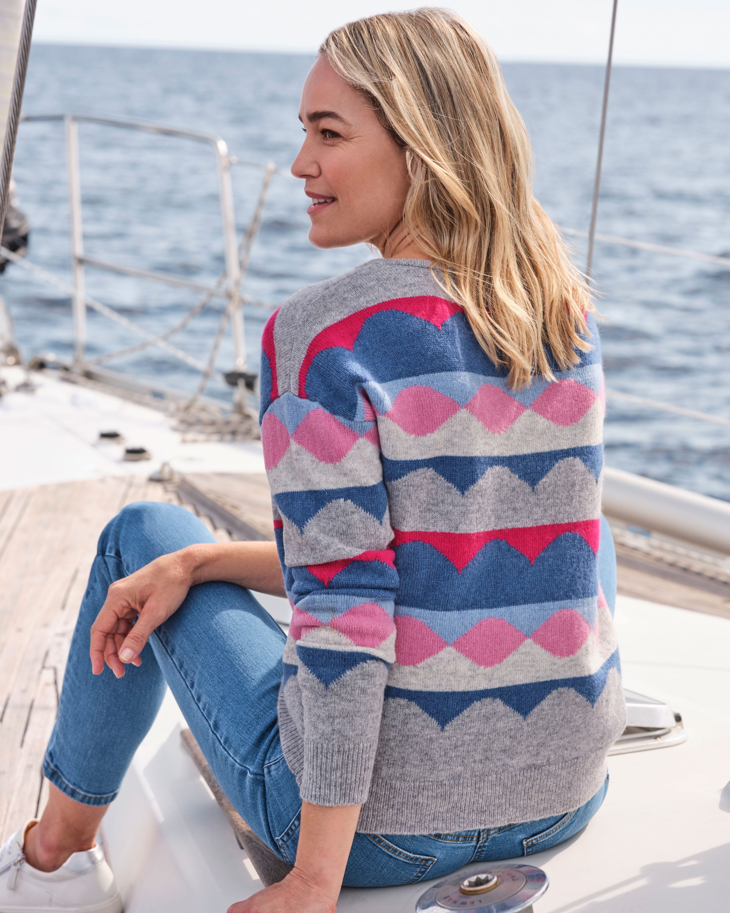 Blau Multi | Pullover mit U-Boot-Ausschnitt und Wellenstreifen ...