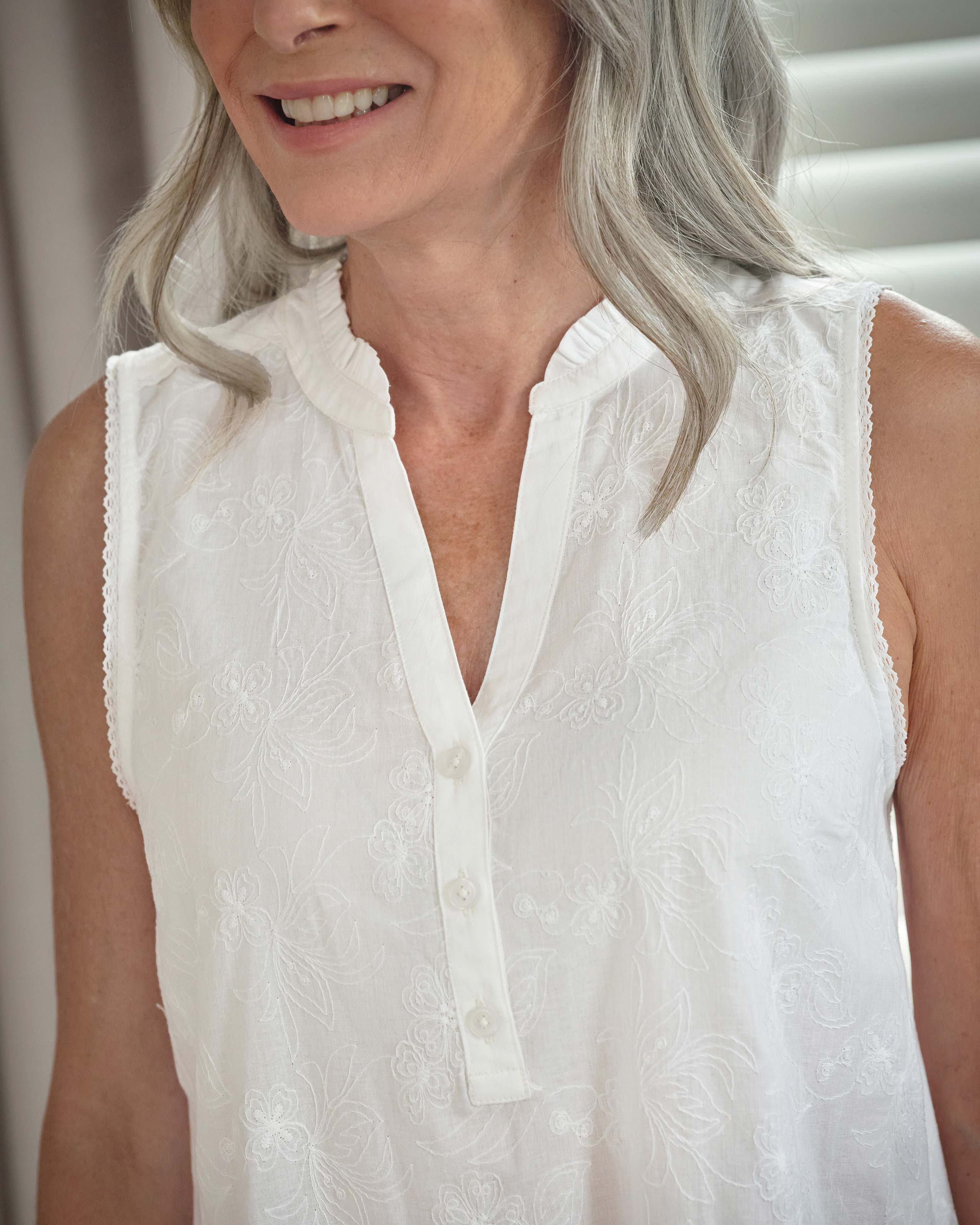 White Broderie | Lightweight Sleeveless Frill Collar Nightie | WoolOvers UK