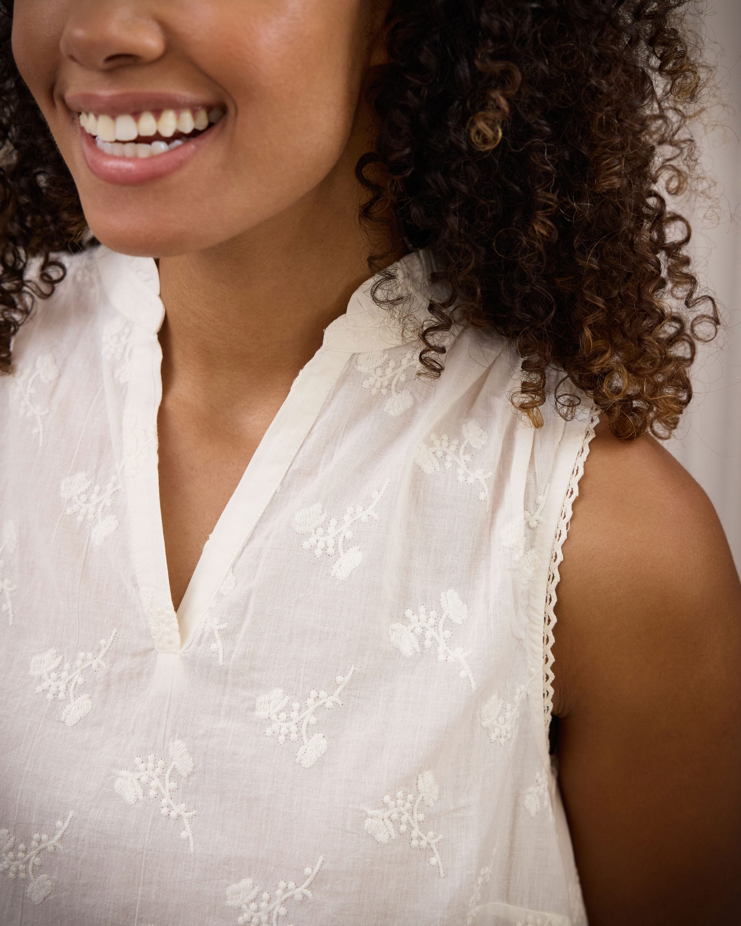 White Broderie | Lightweight Sleeveless Frill Collar Nightie | WoolOvers UK