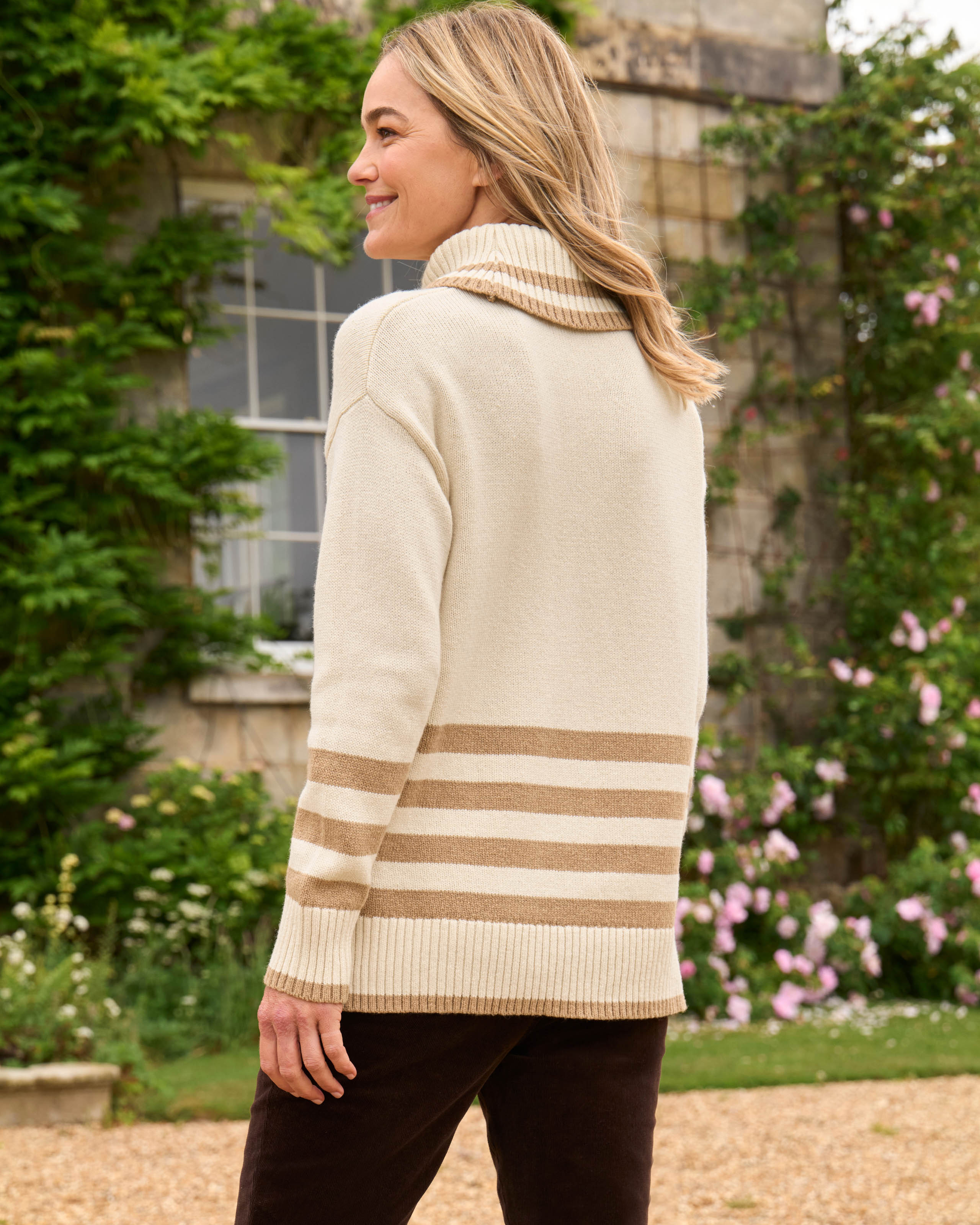 Cream/Camel | Roll Neck Stripe Jumper | WoolOvers AU