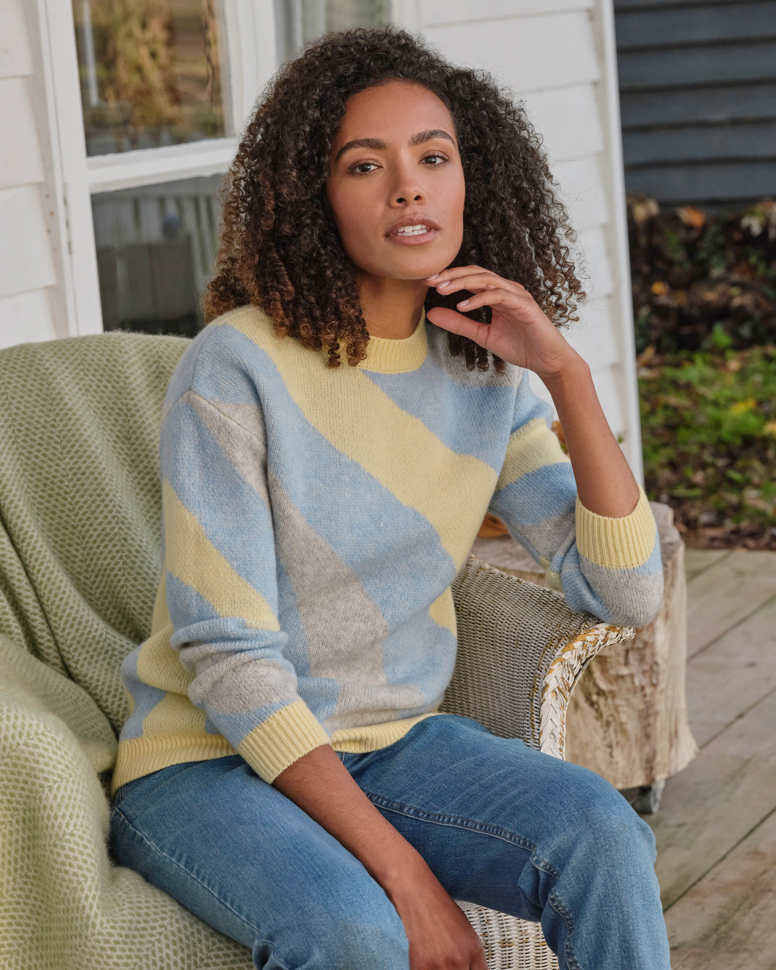Yellow/Blue Multi | Diagonal Colour Block Jumper | WoolOvers UK