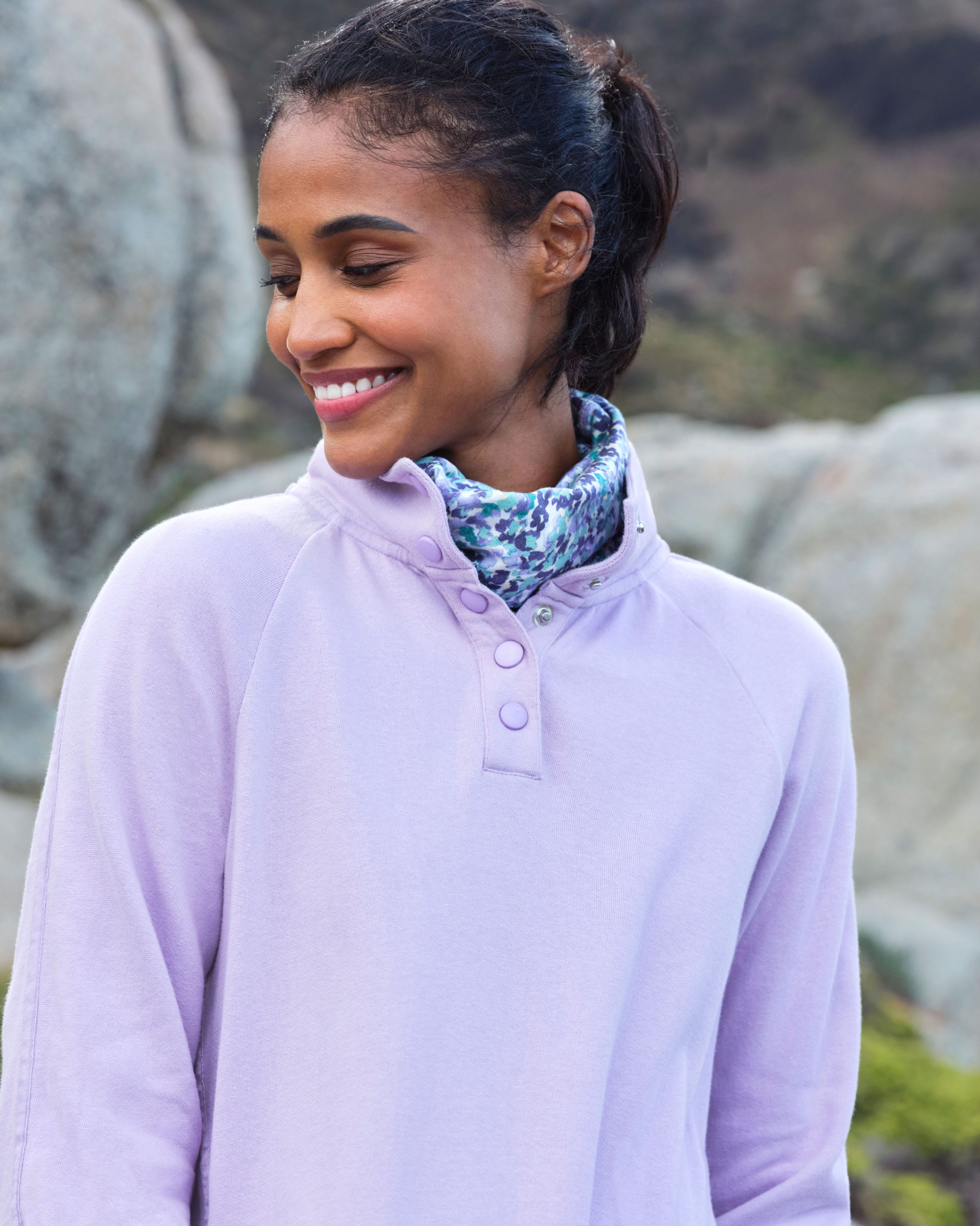 Iris | Channel Longline Popper Neck Sweatshirt | WoolOvers UK