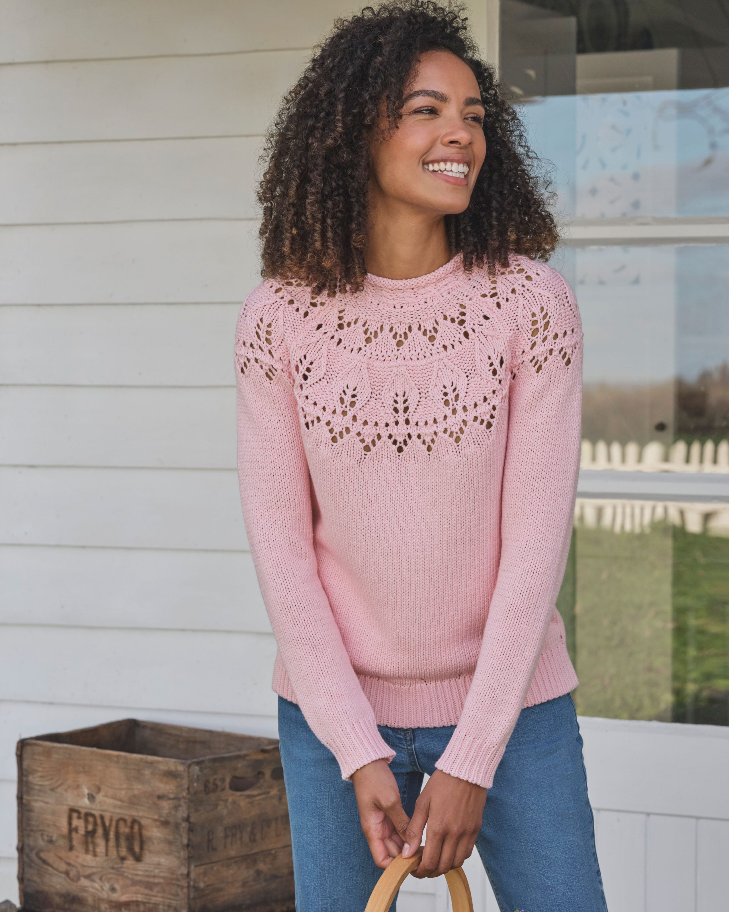 Pink | Pointelle Leaf Yoke Jumper | WoolOvers AU