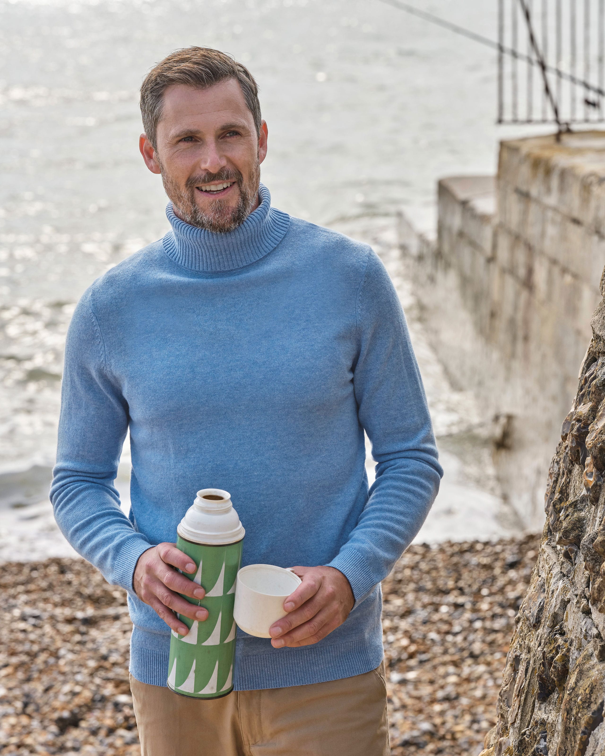 Light Blue Marl | Cashmere & Merino Polo Neck Jumper | WoolOvers UK