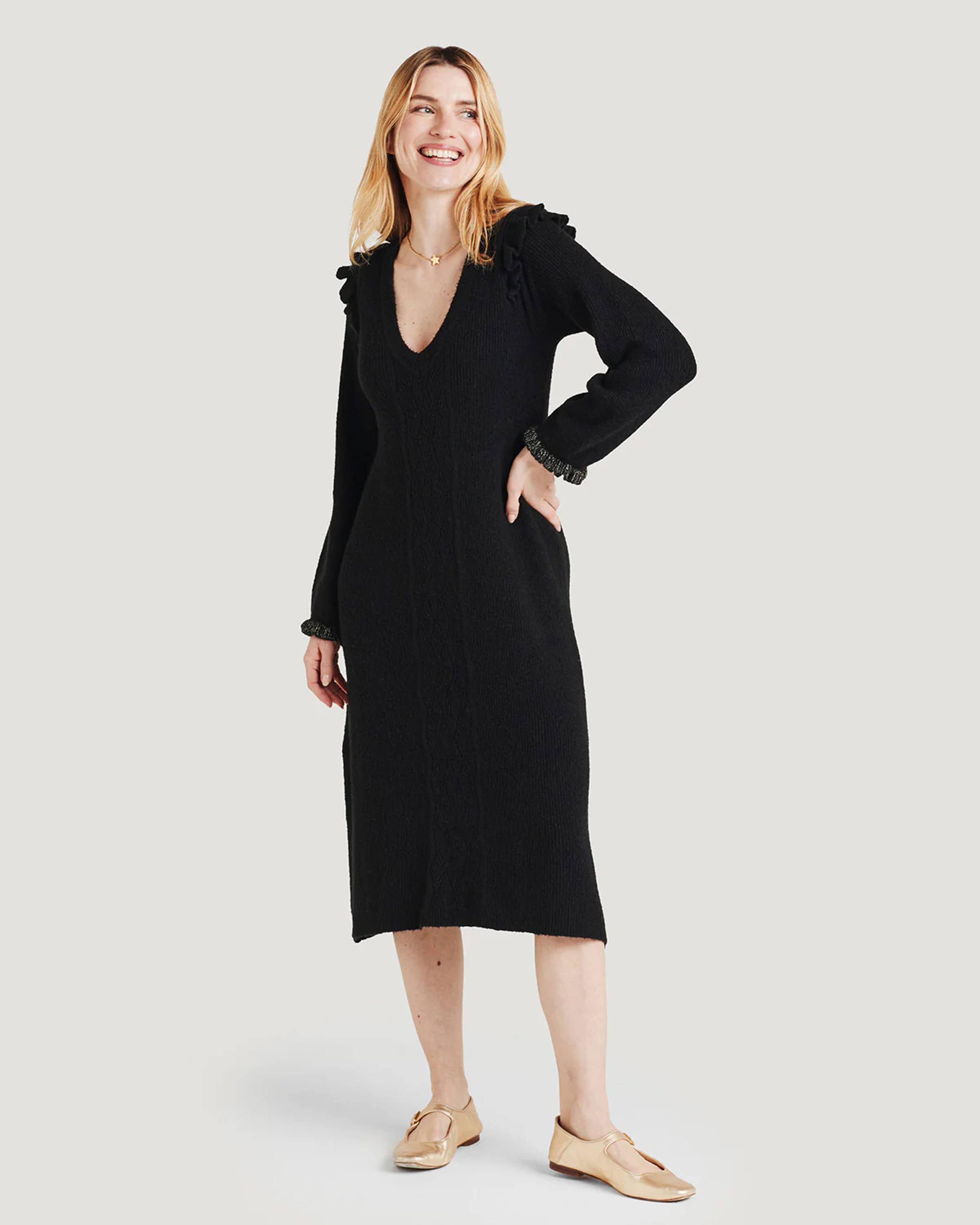 Black | Aguilar Organic Cotton Fluffy Knit Dress | WoolOvers UK