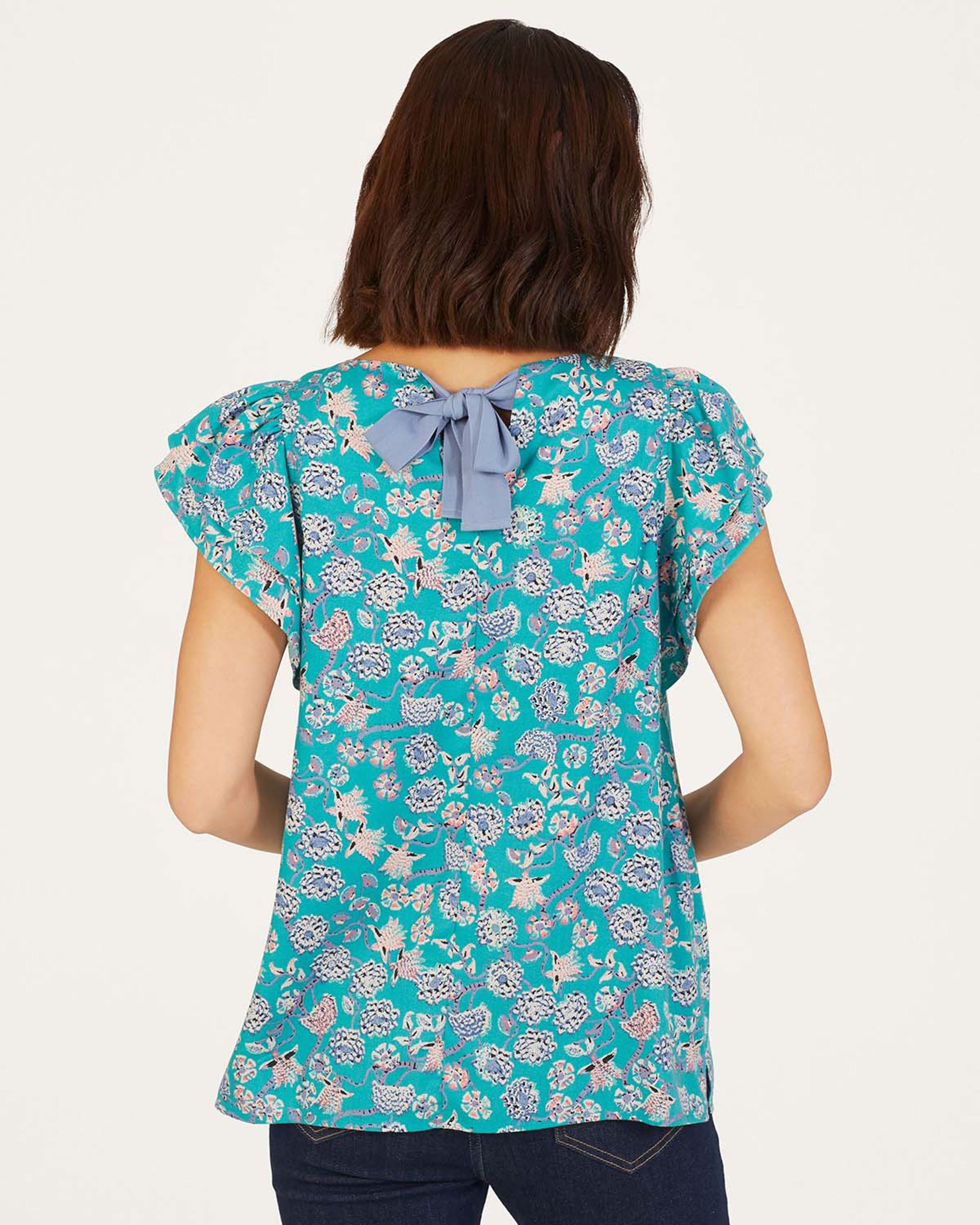 Midori Green | Chandri Tencel Crepe Frill Sleeve Shell Top | WoolOvers UK