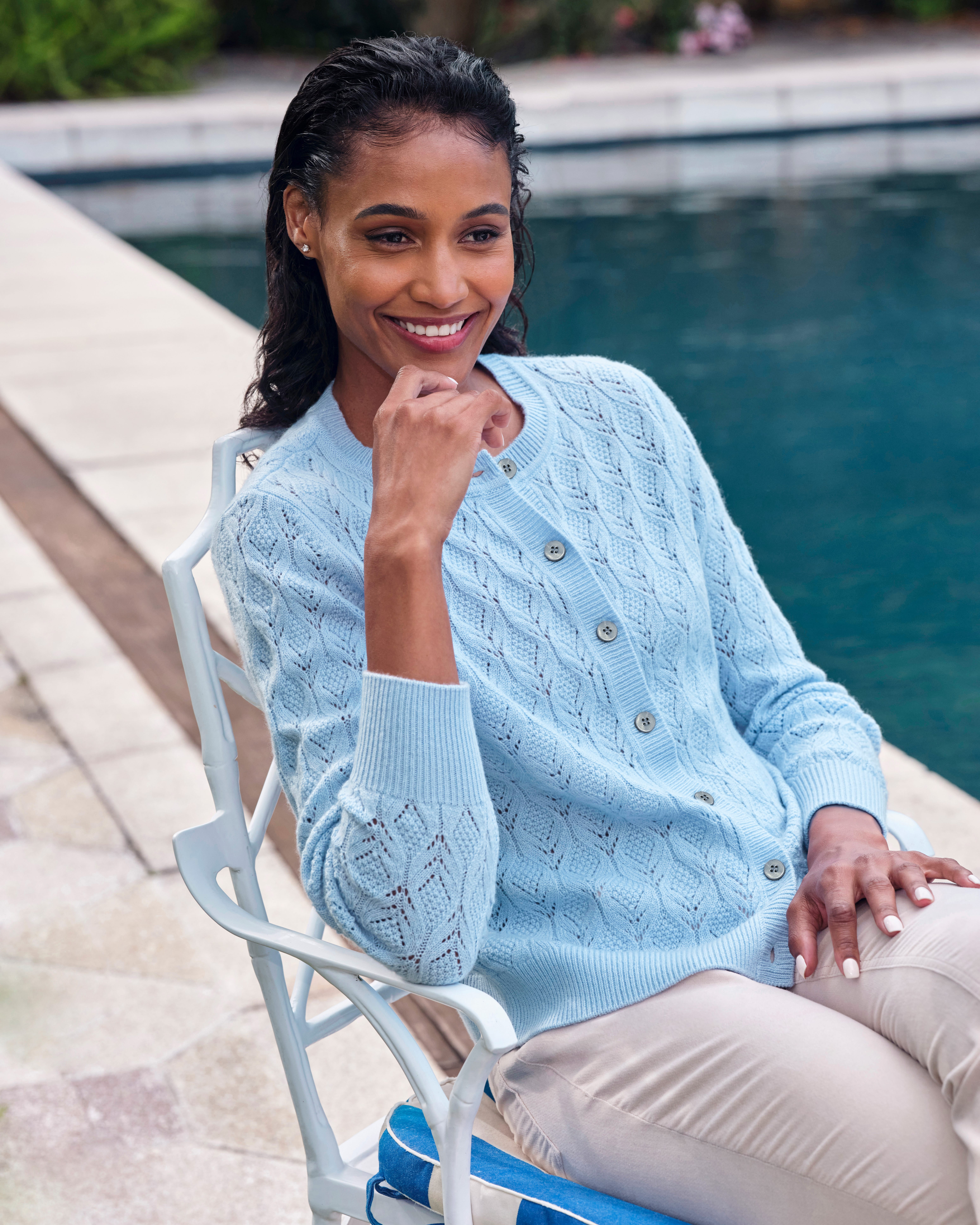Powder Blue | Wool Cashmere Lacy Crew Cardigan | WoolOvers UK