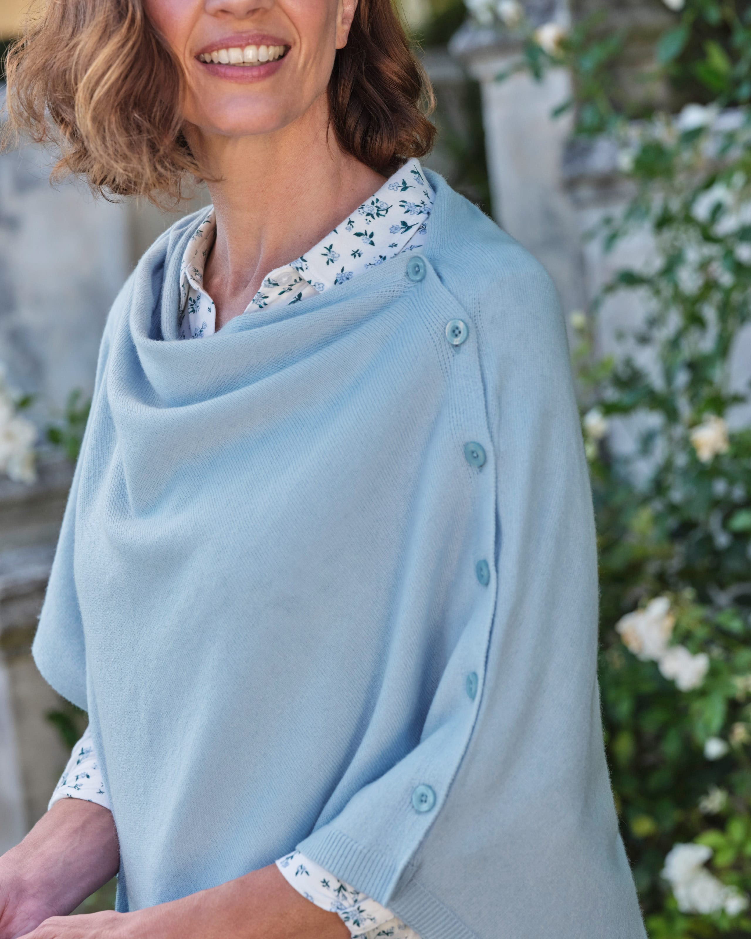 Cloud Blue | Cashmere Merino Blend Button Poncho | WoolOvers AU