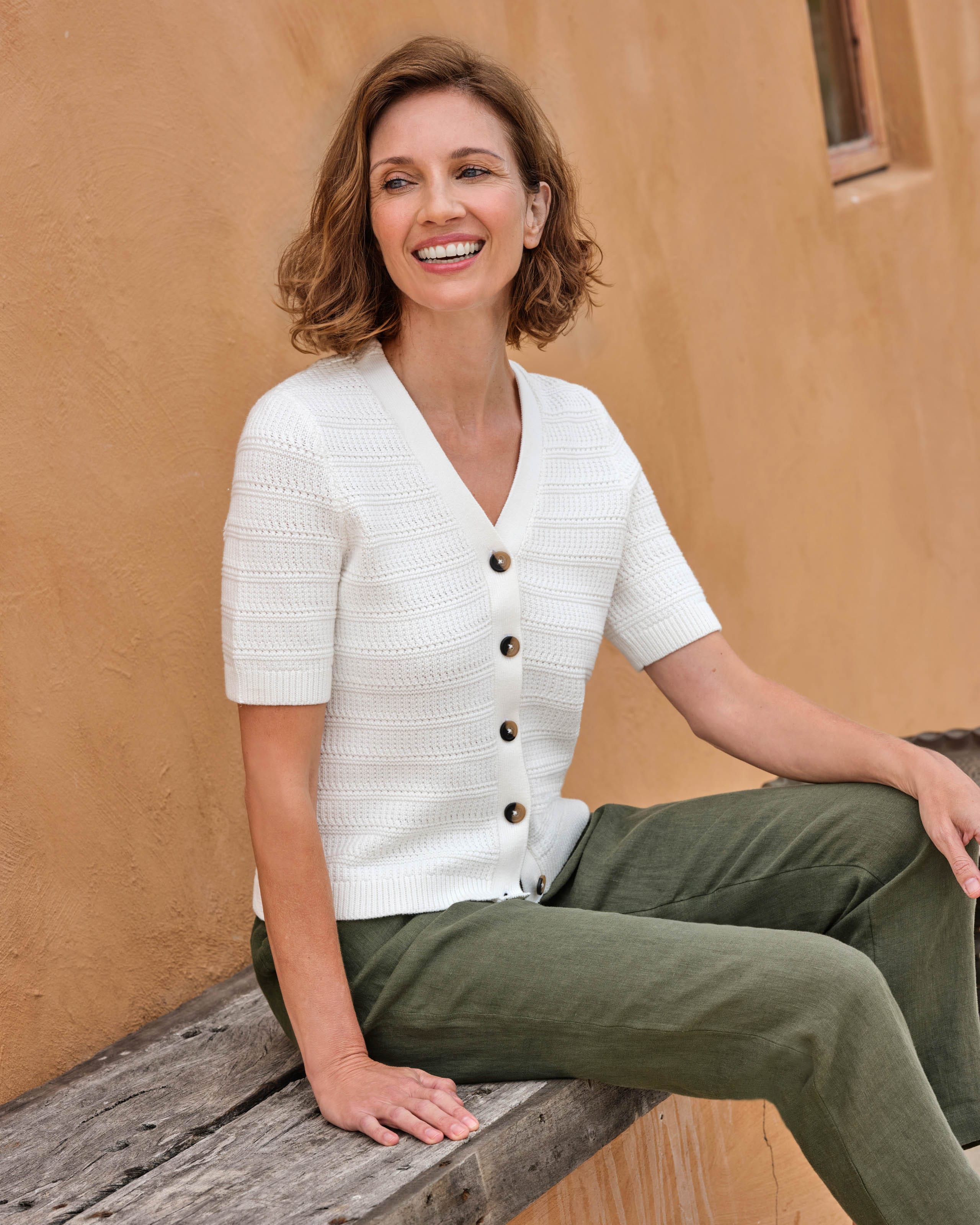 Cream | Textured V Neck Short Sleeve Cardigan | WoolOvers US