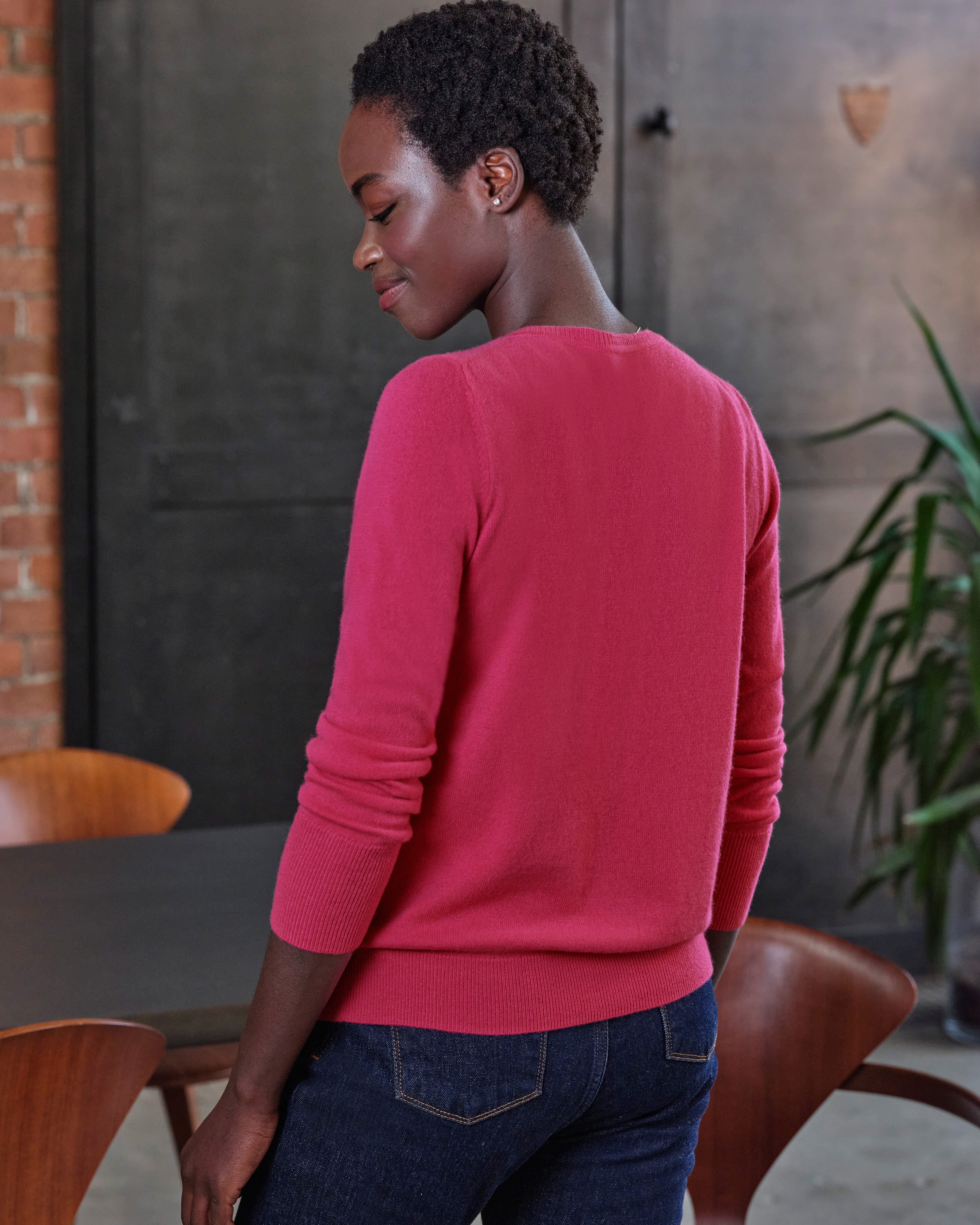 Deep Azalea | Cashmere Crew Neck Cardigan | WoolOvers UK