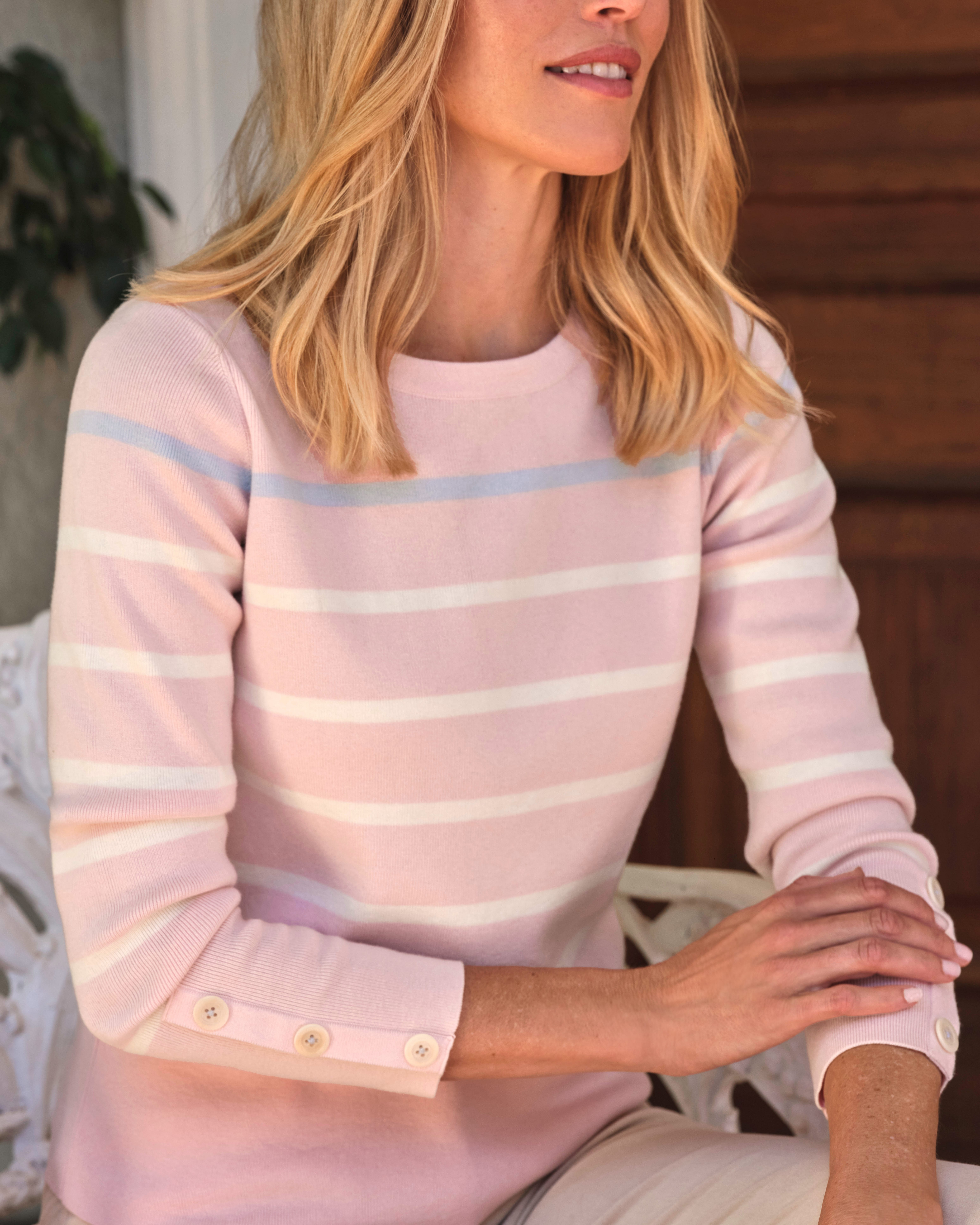 Candy/Ivory | Wool Cotton Stripe Button Sleeve Sweater | WoolOvers US
