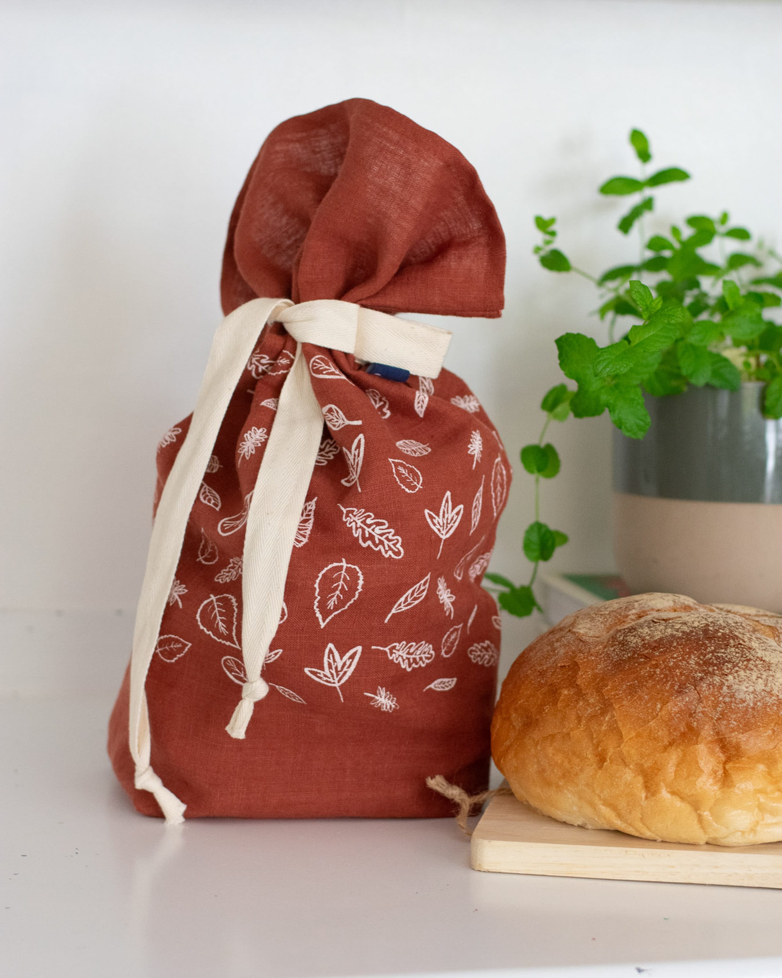 Rust | Leaf Print Linen Bread Bag | WoolOvers UK