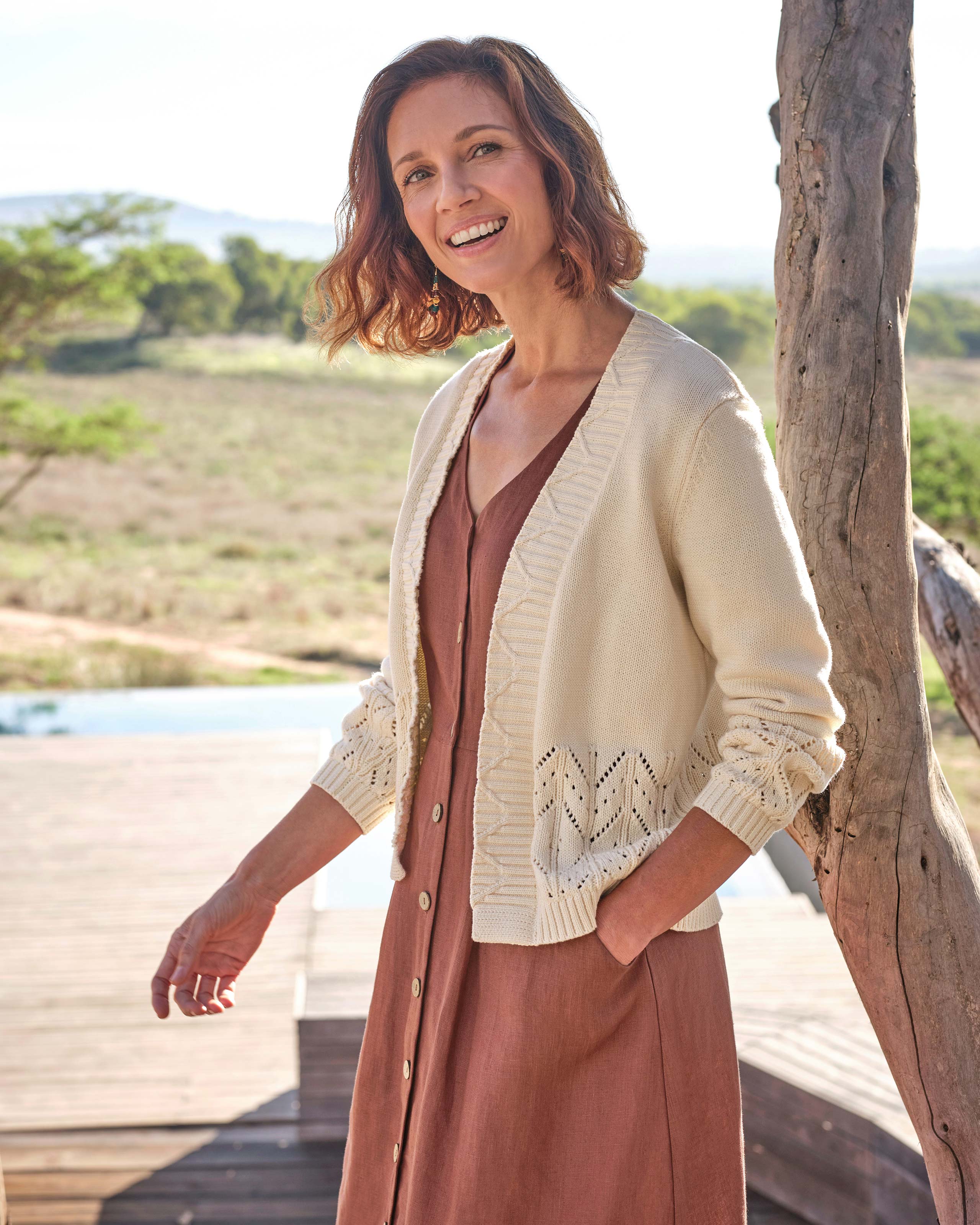 Cream | Pointelle Hem Open Cardigan | WoolOvers US