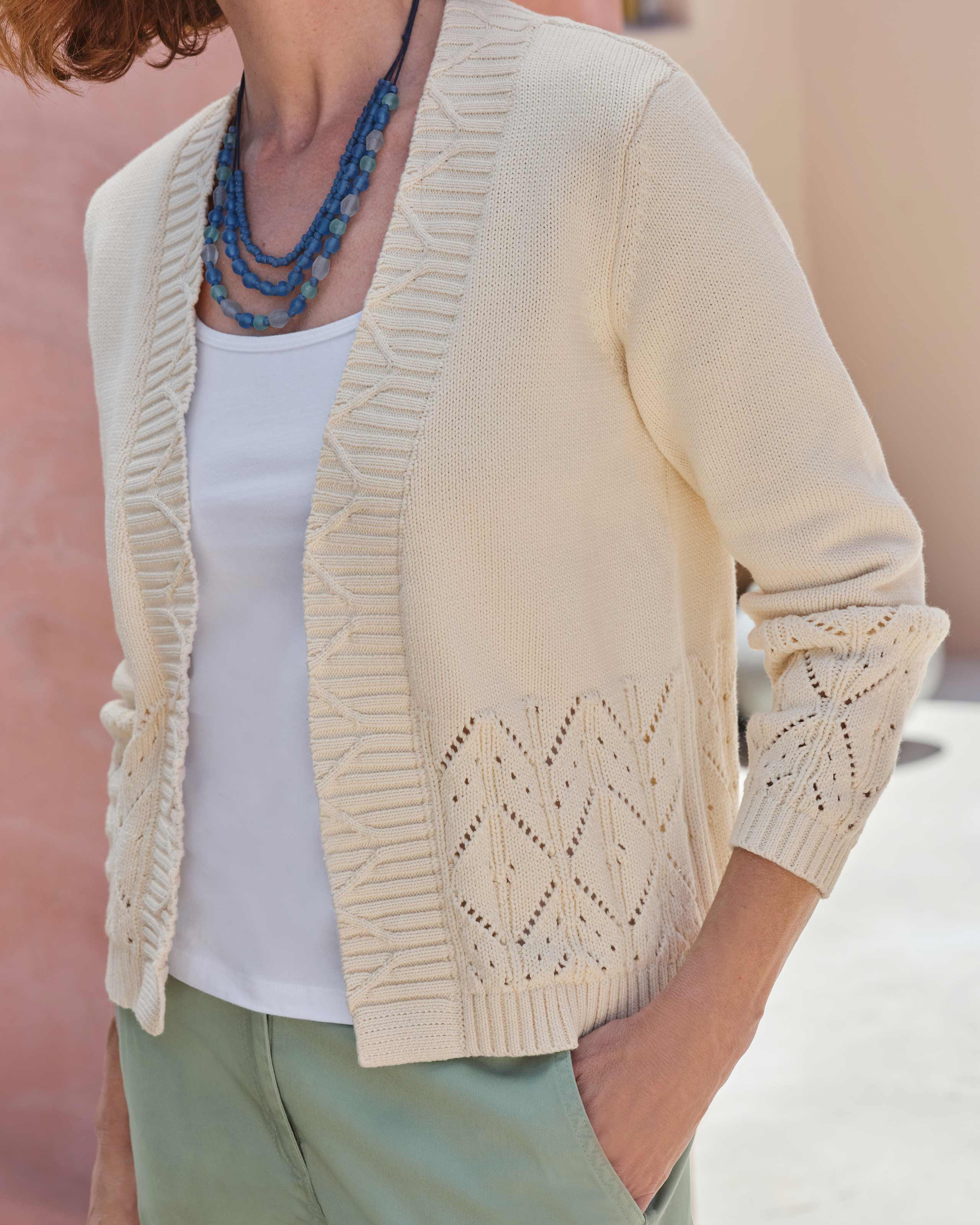 Cream | Pointelle Hem Open Cardigan | WoolOvers US