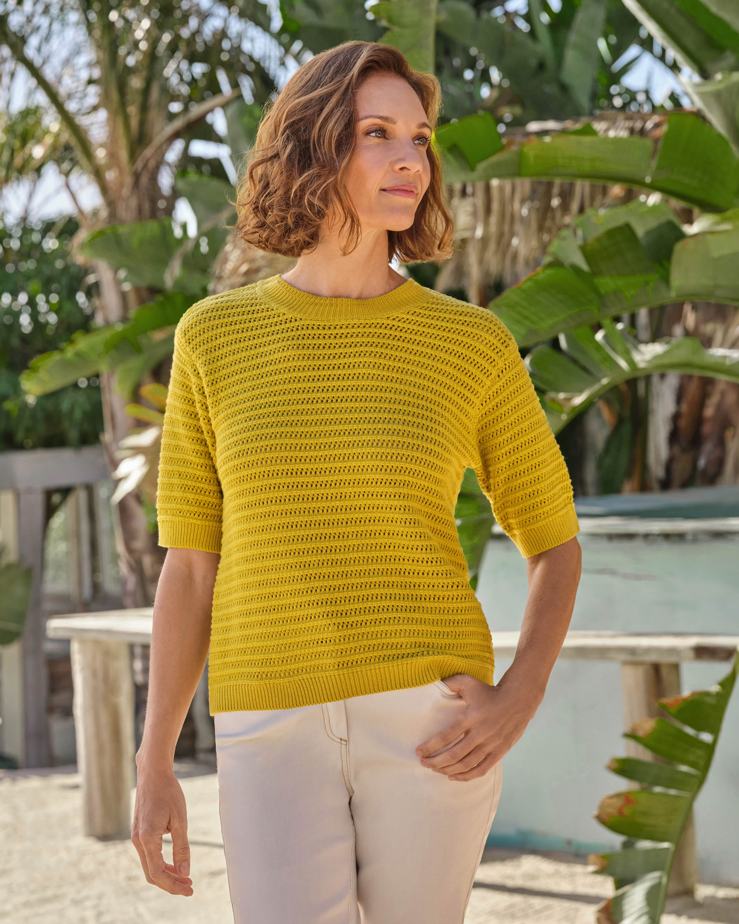 Chartreuse | Crew Neck Textured Knitted Top | WoolOvers AU