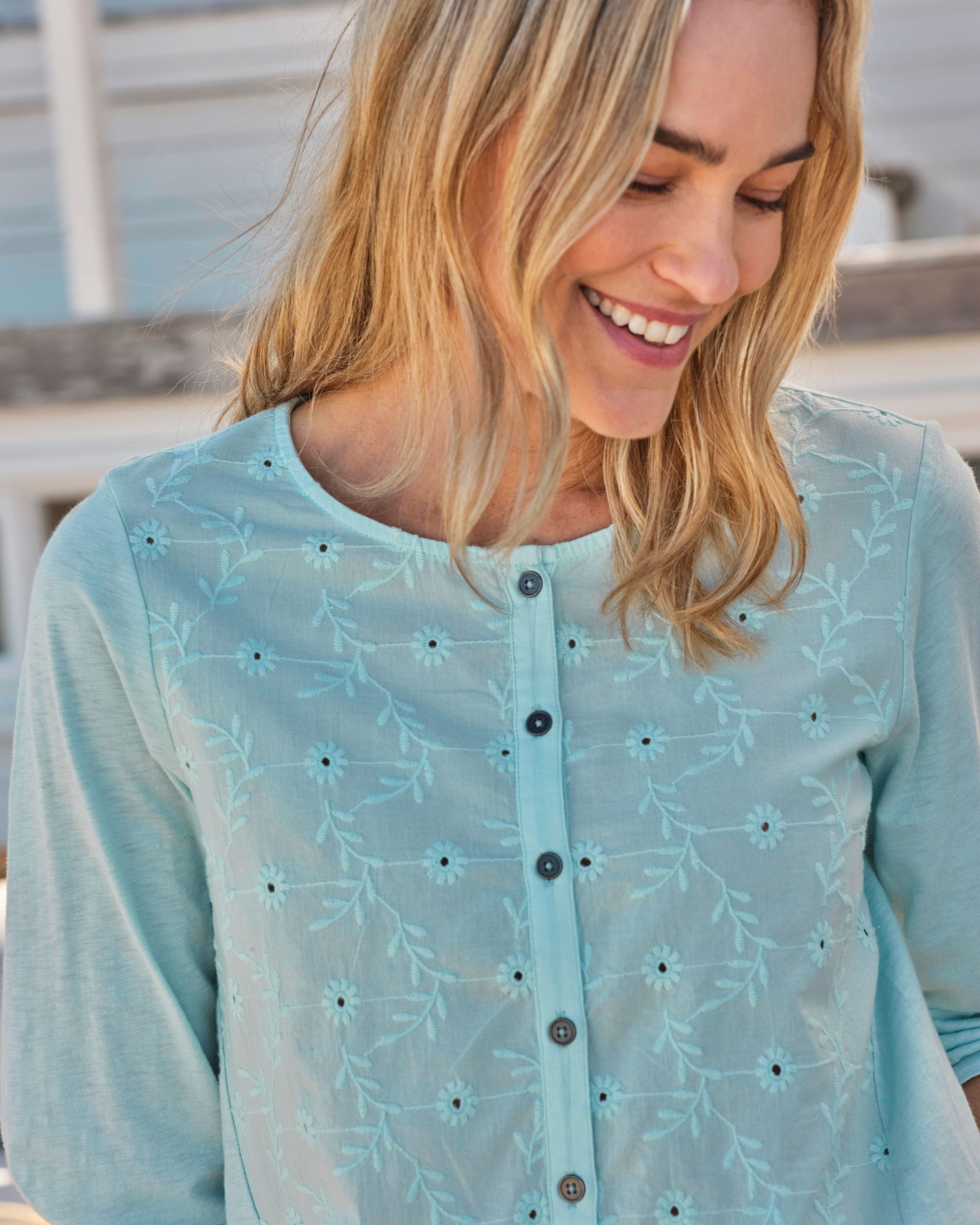 Barely Blue | 3/4 Length Sleeve Embroidered Tie Hem Top | WoolOvers AU