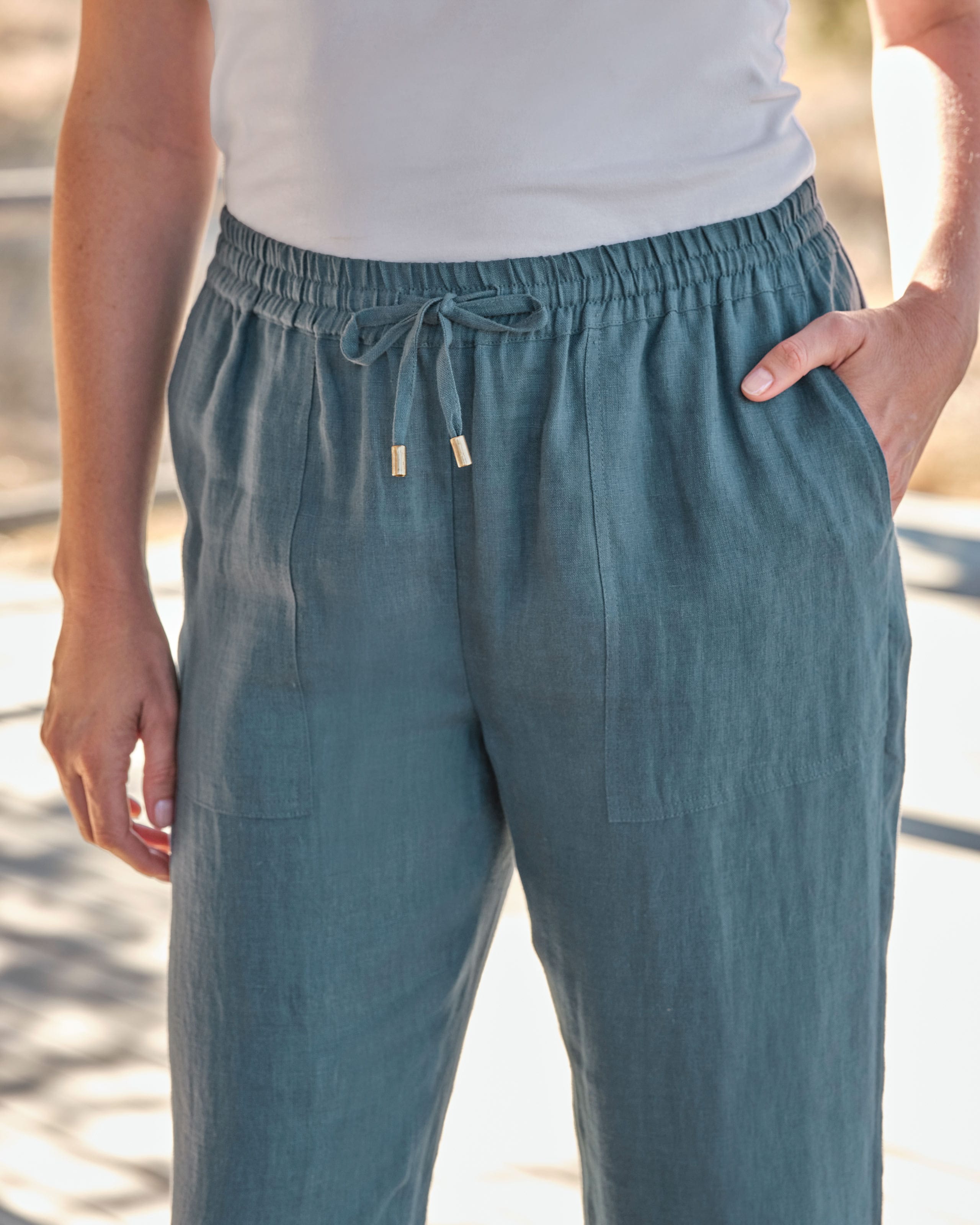 Deep Water | Tapered Leg Linen Trousers | WoolOvers UK