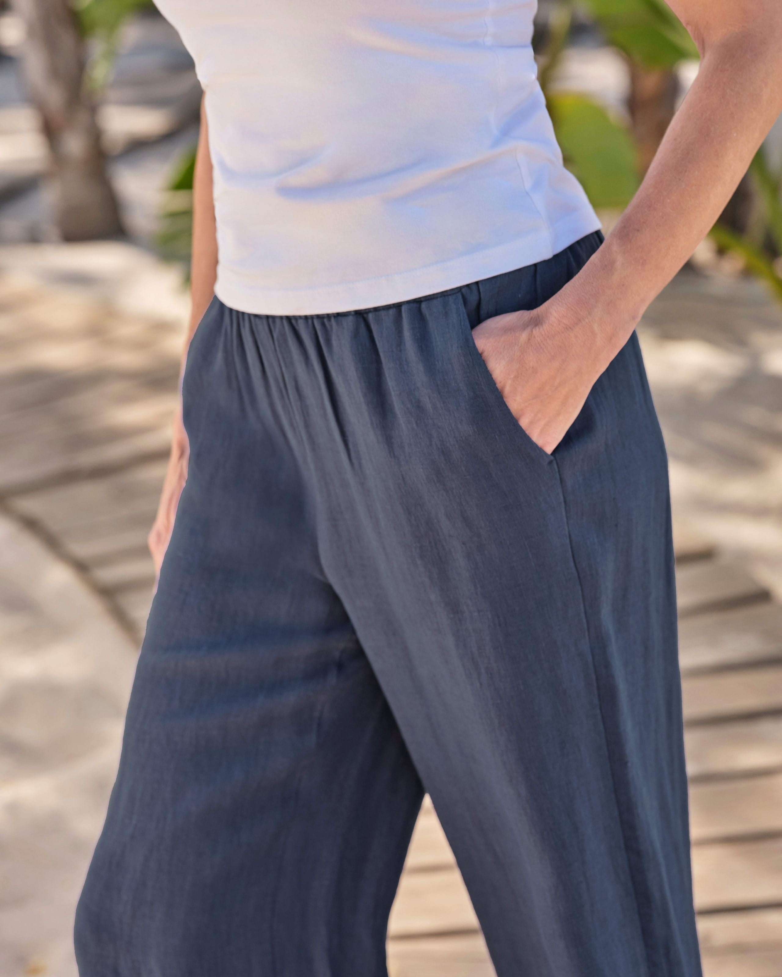 Navy | Wide Leg Full Length Linen Trousers | WoolOvers UK
