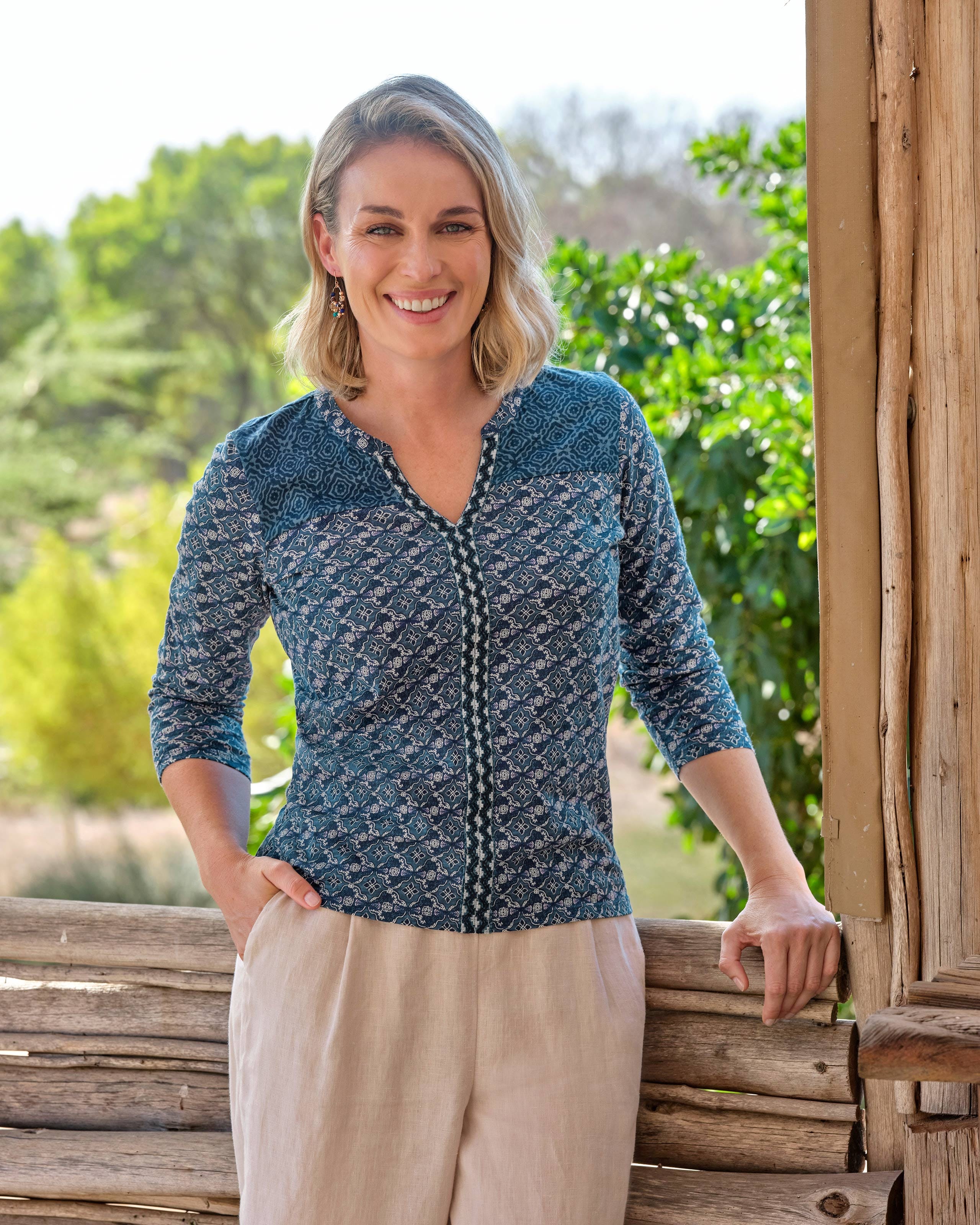 Mix Match Tile Print | Notch Neck Mix Match Top | WoolOvers US