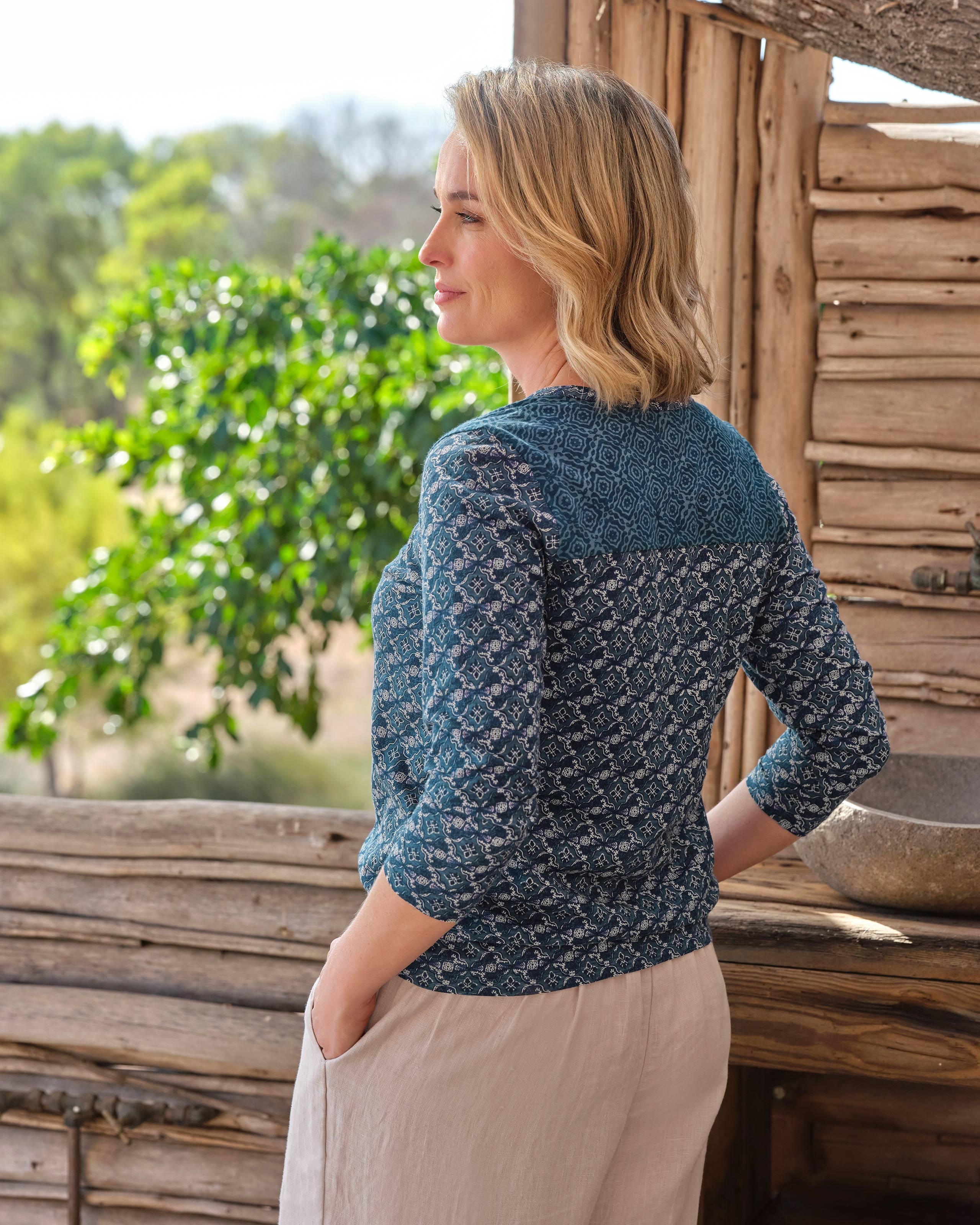 Mix Match Tile Print | Notch Neck Mix Match Top | WoolOvers UK