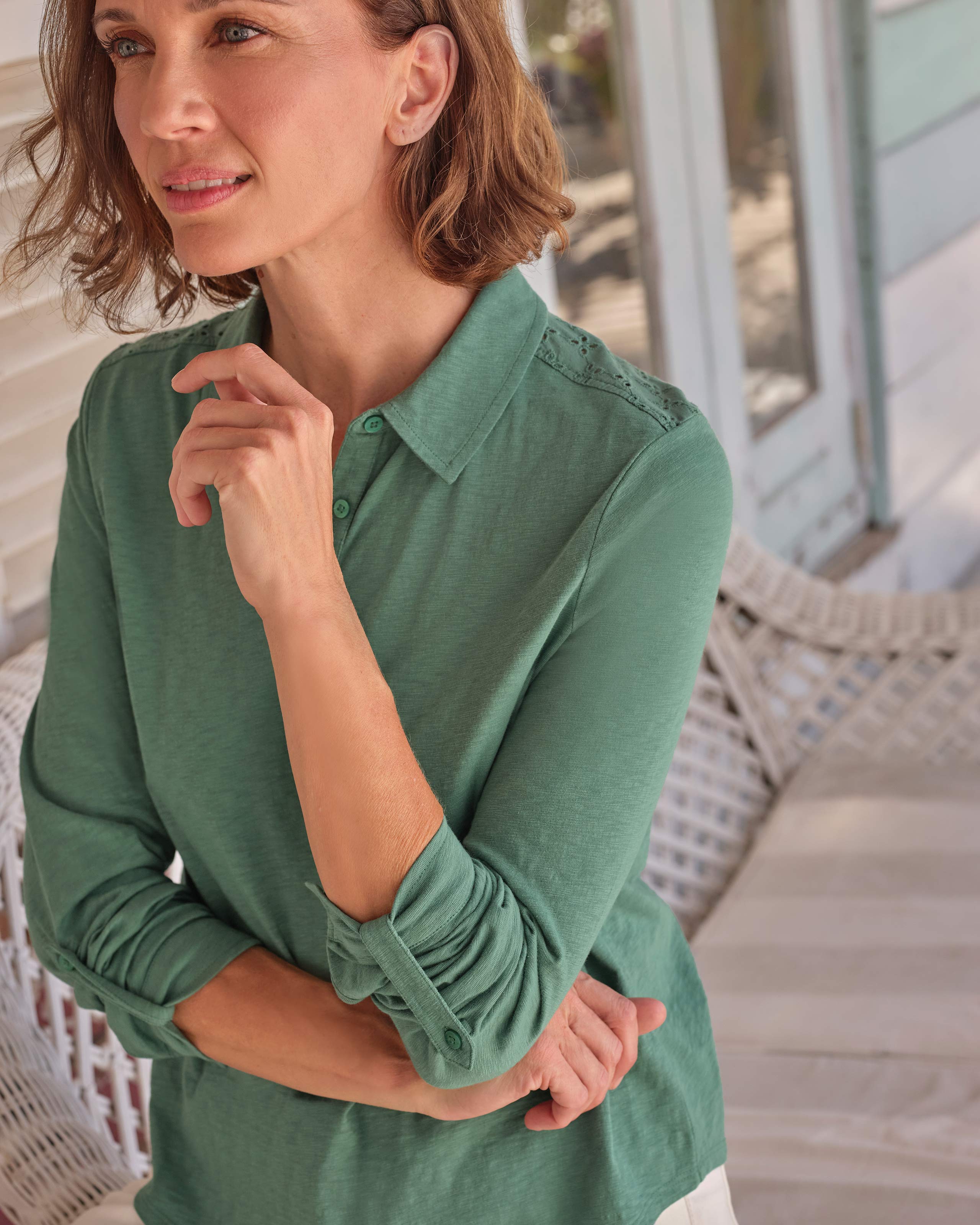 Misty Green | Broderie Yoke Popover Jersey Shirt | WoolOvers AU