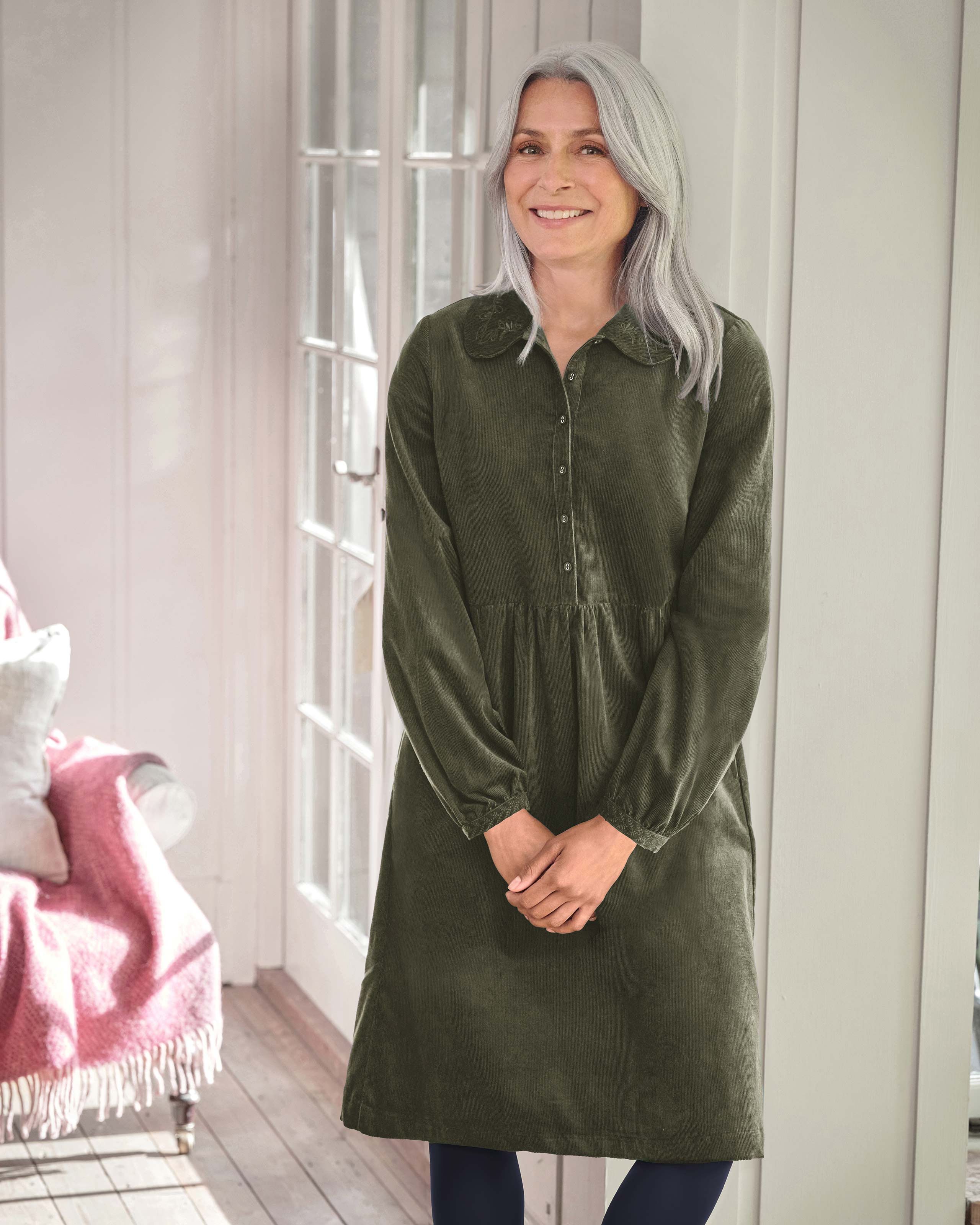 Forest Green | Embroidered Petal Collar Cord Dress | WoolOvers UK