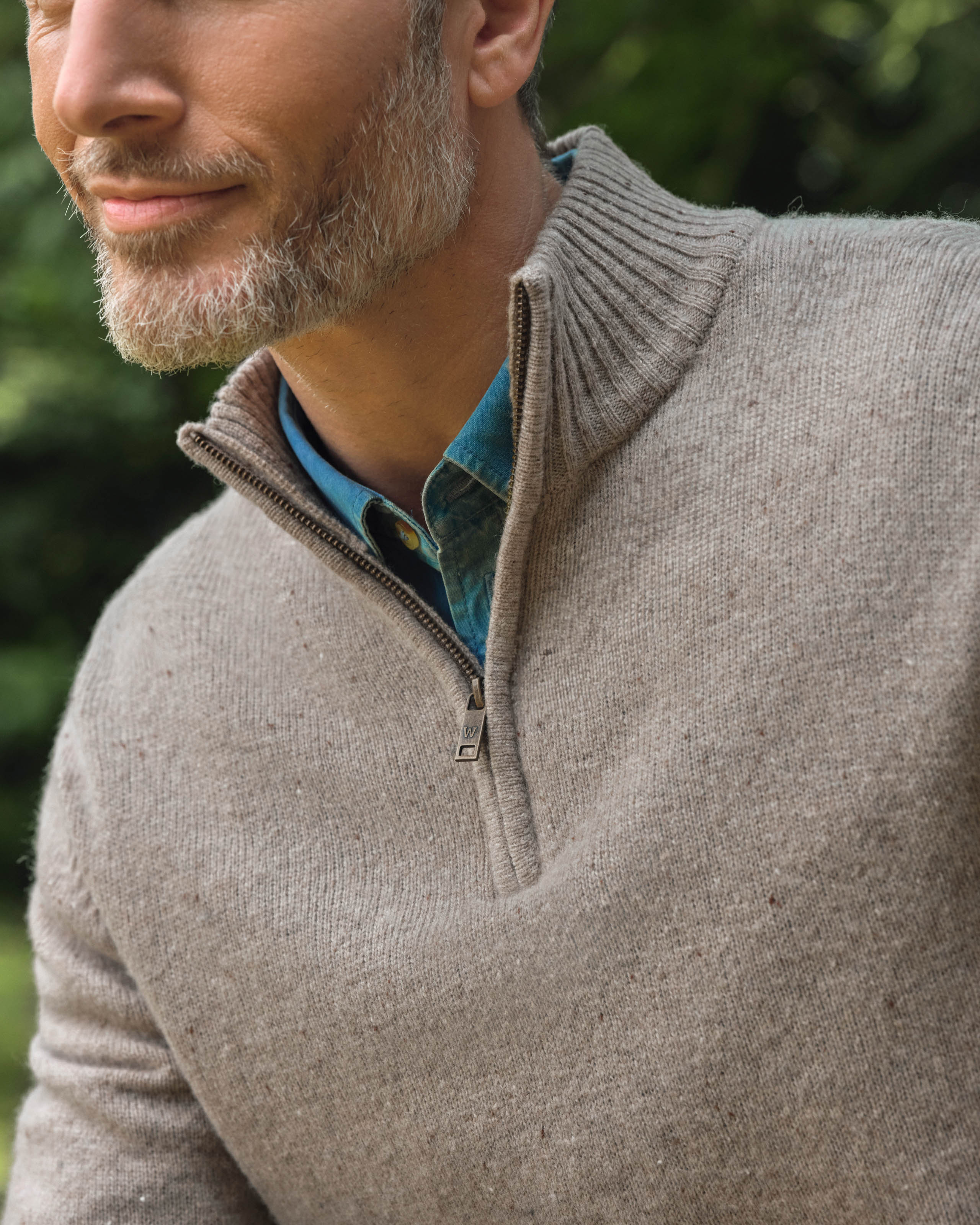 Oat Marl | Mens Lambswool Zip Neck Jumper | WoolOvers UK