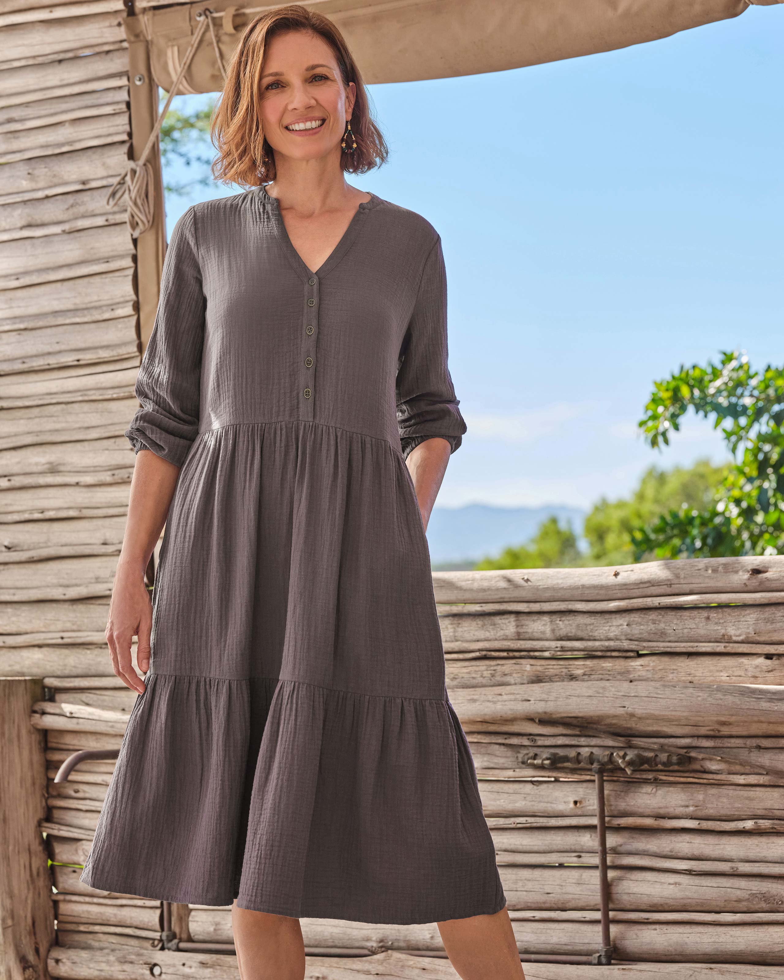 Mink | Textured Cotton Tiered Midi Dress | WoolOvers UK