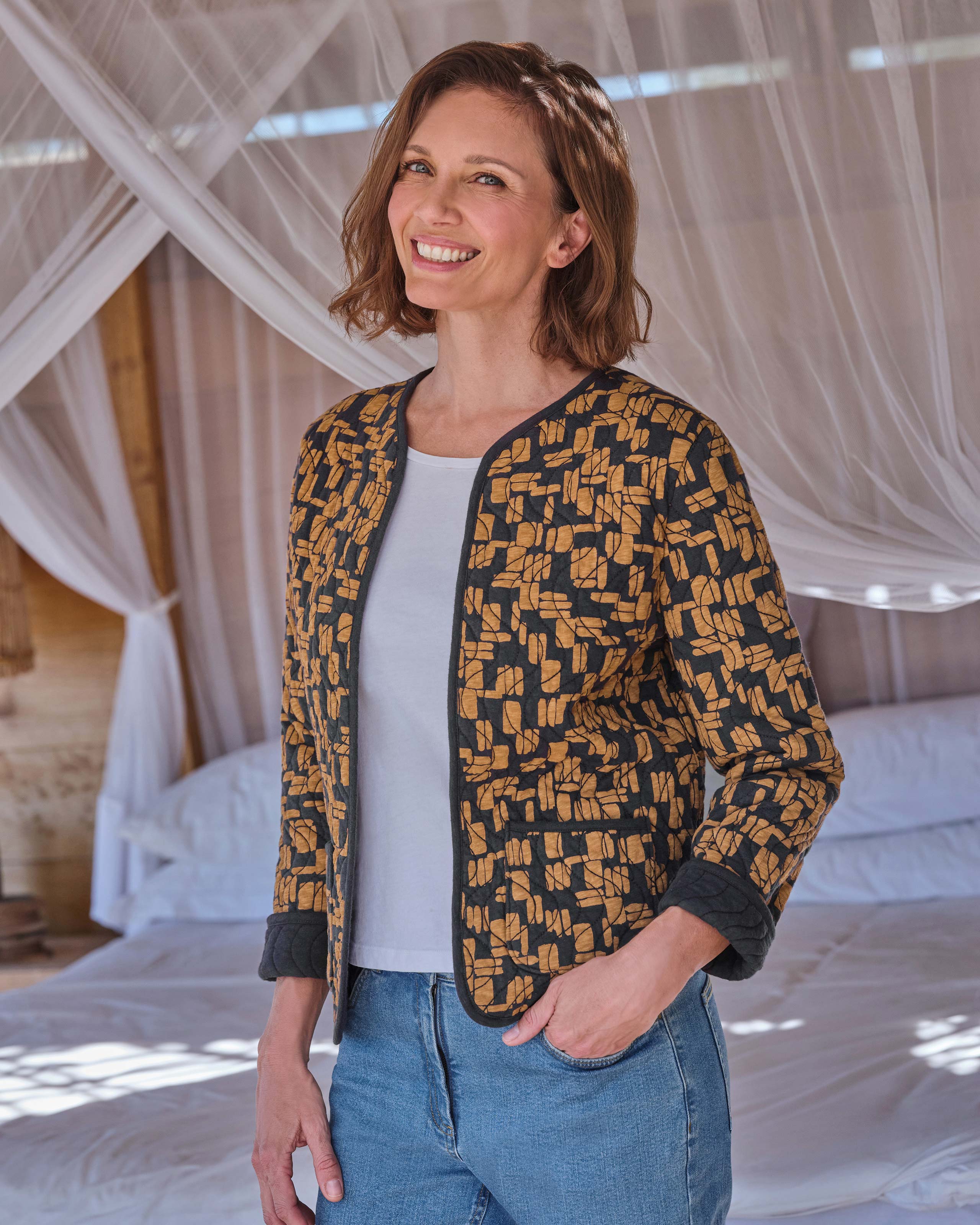 Camel Geo Print | Quilted Jersey Jacket | WoolOvers UK