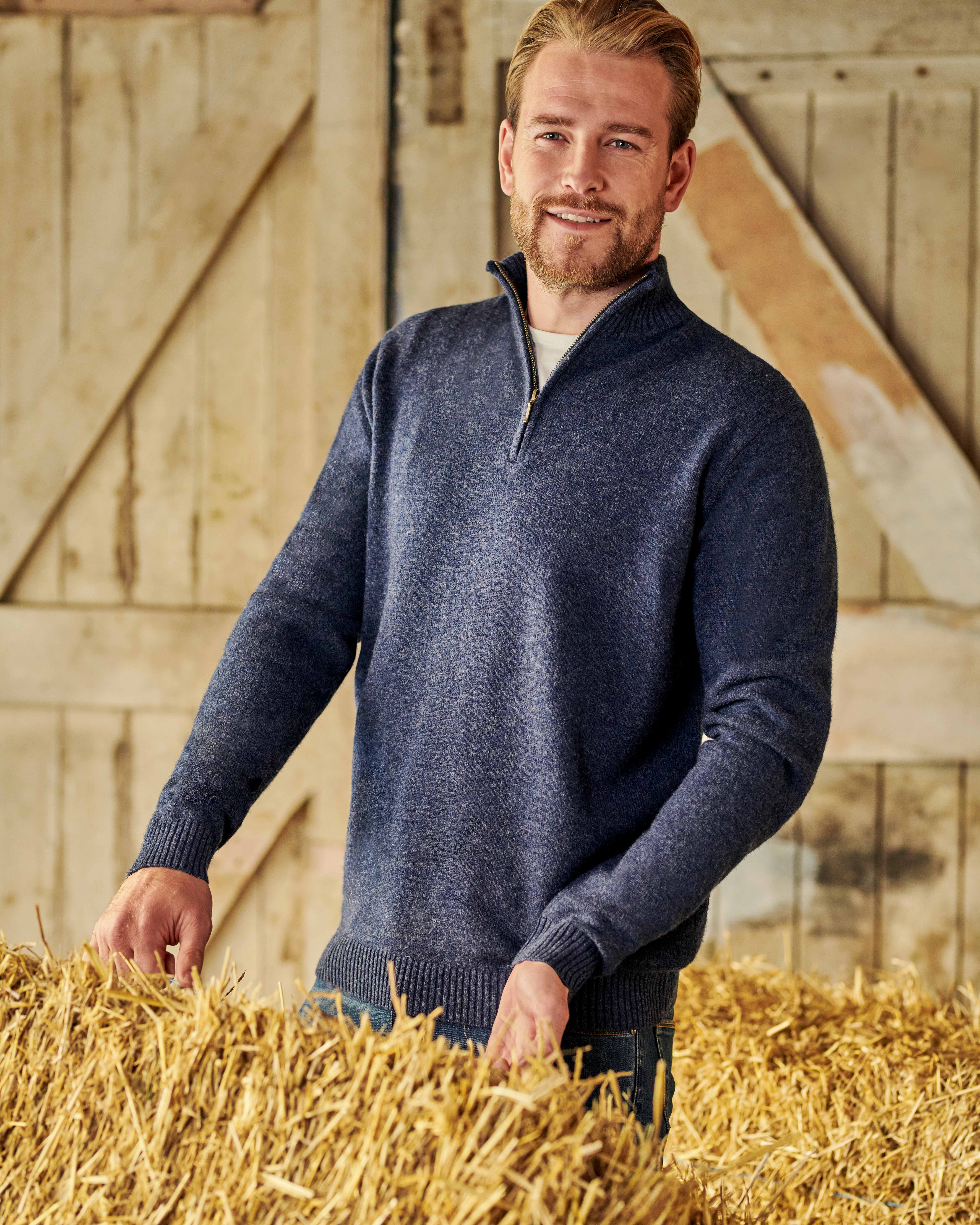 Denim Marl | Mens Lambswool Zip Neck Sweater | WoolOvers US