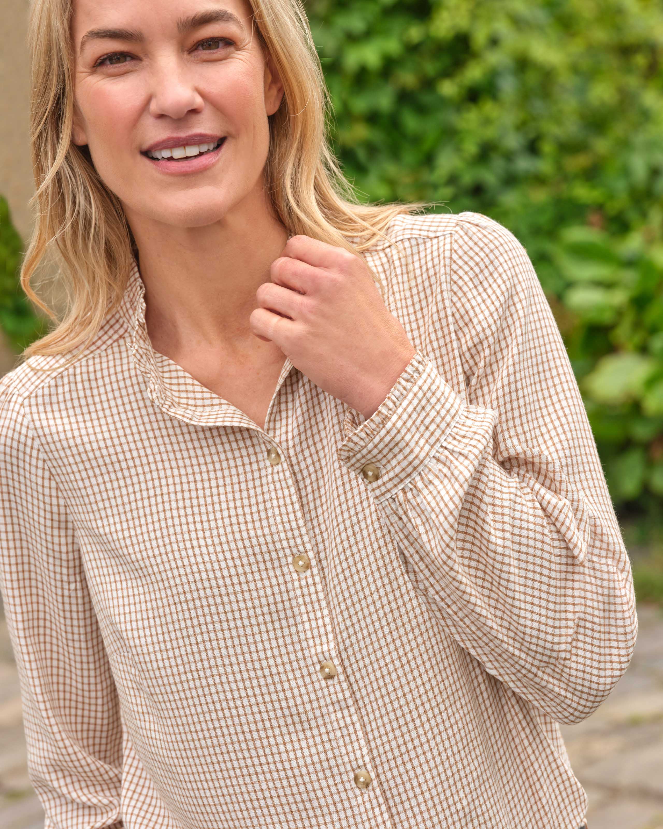 Neutral Gingham | Frill Collar Button Through Blouse | WoolOvers AU
