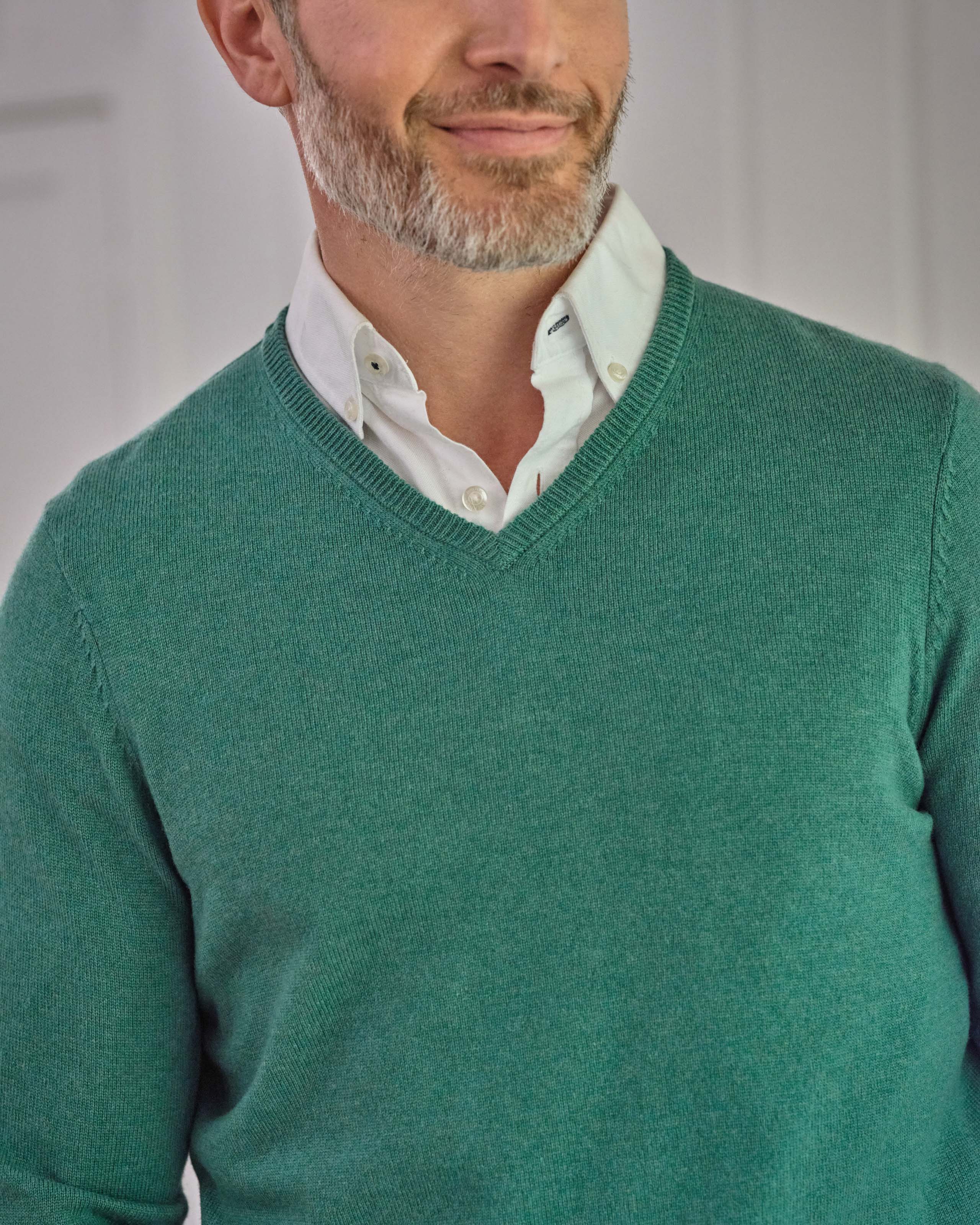 Dark Mint Marl | Cashmere & Merino Classic V Neck Knitted Sweater ...