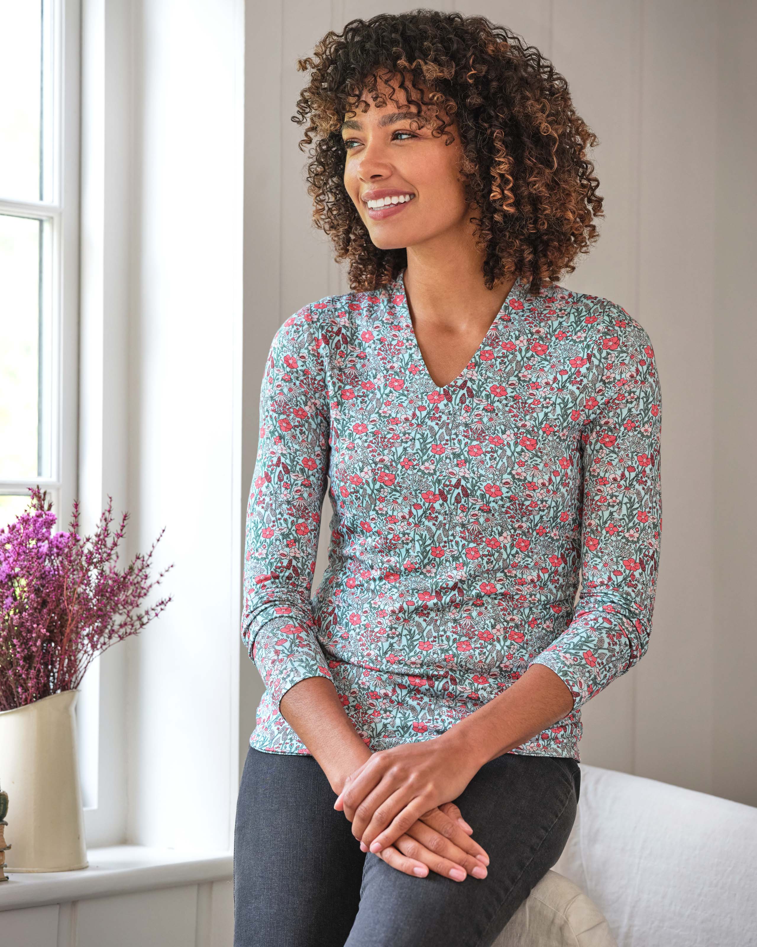 Spring Meadow Print | Jersey High V Neck Top | WoolOvers UK