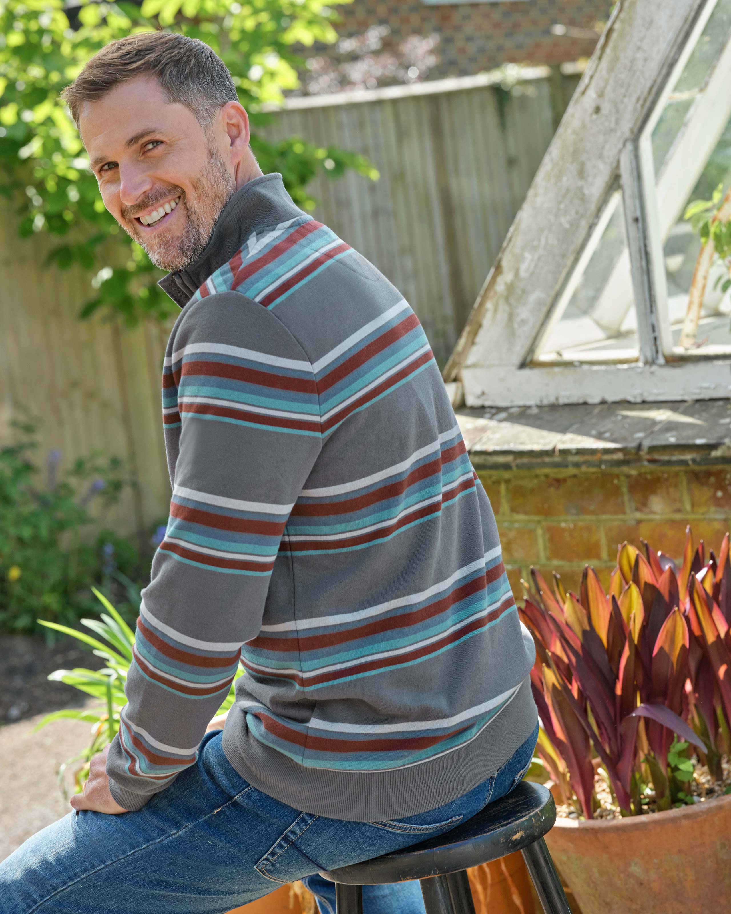 Slate/Multi Stripe | Cotton Half Zip Jumper | WoolOvers UK