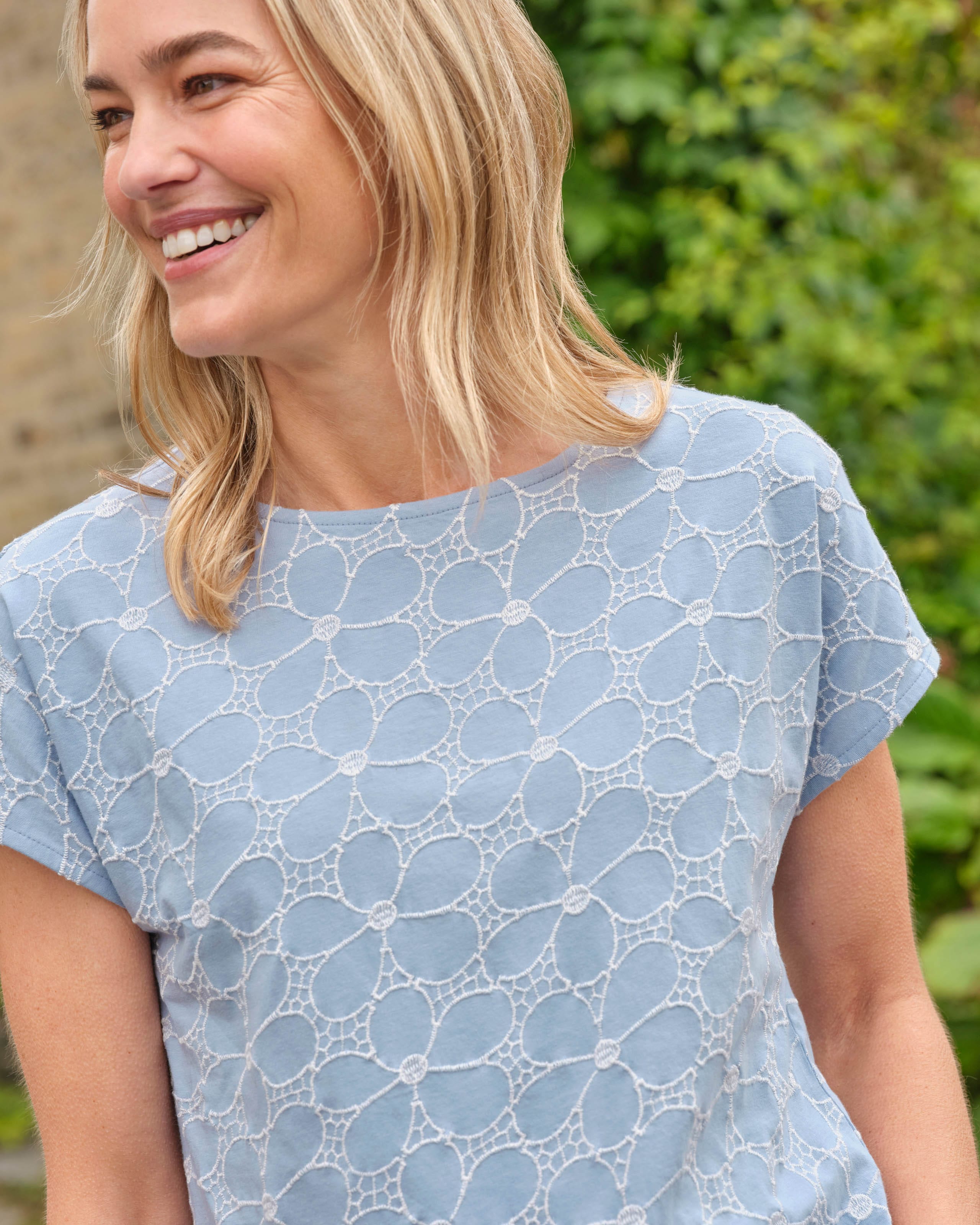 Pale Blue/White | Embroidered Daisy Top | WoolOvers UK