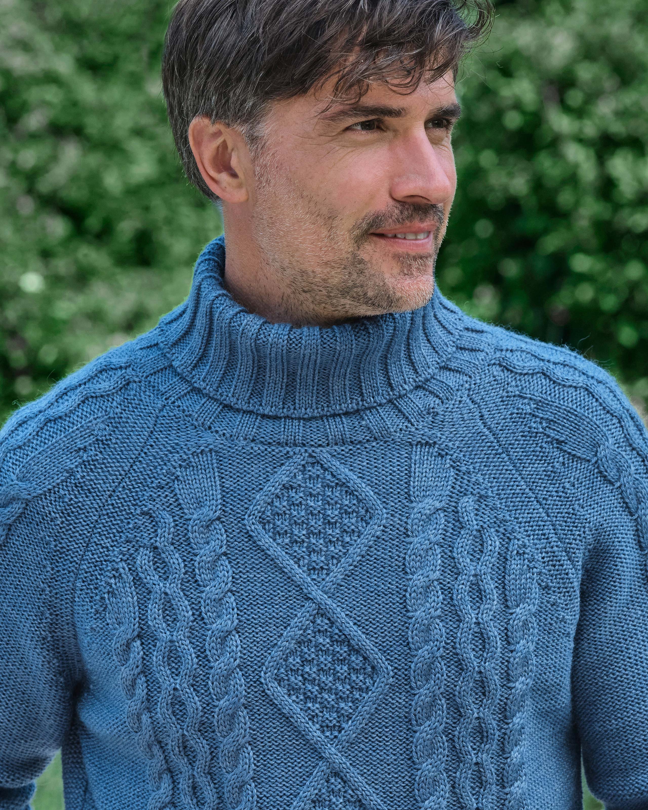 Blue Smoke | Pure Wool Knitted Aran Turtle Neck Sweater | WoolOvers US