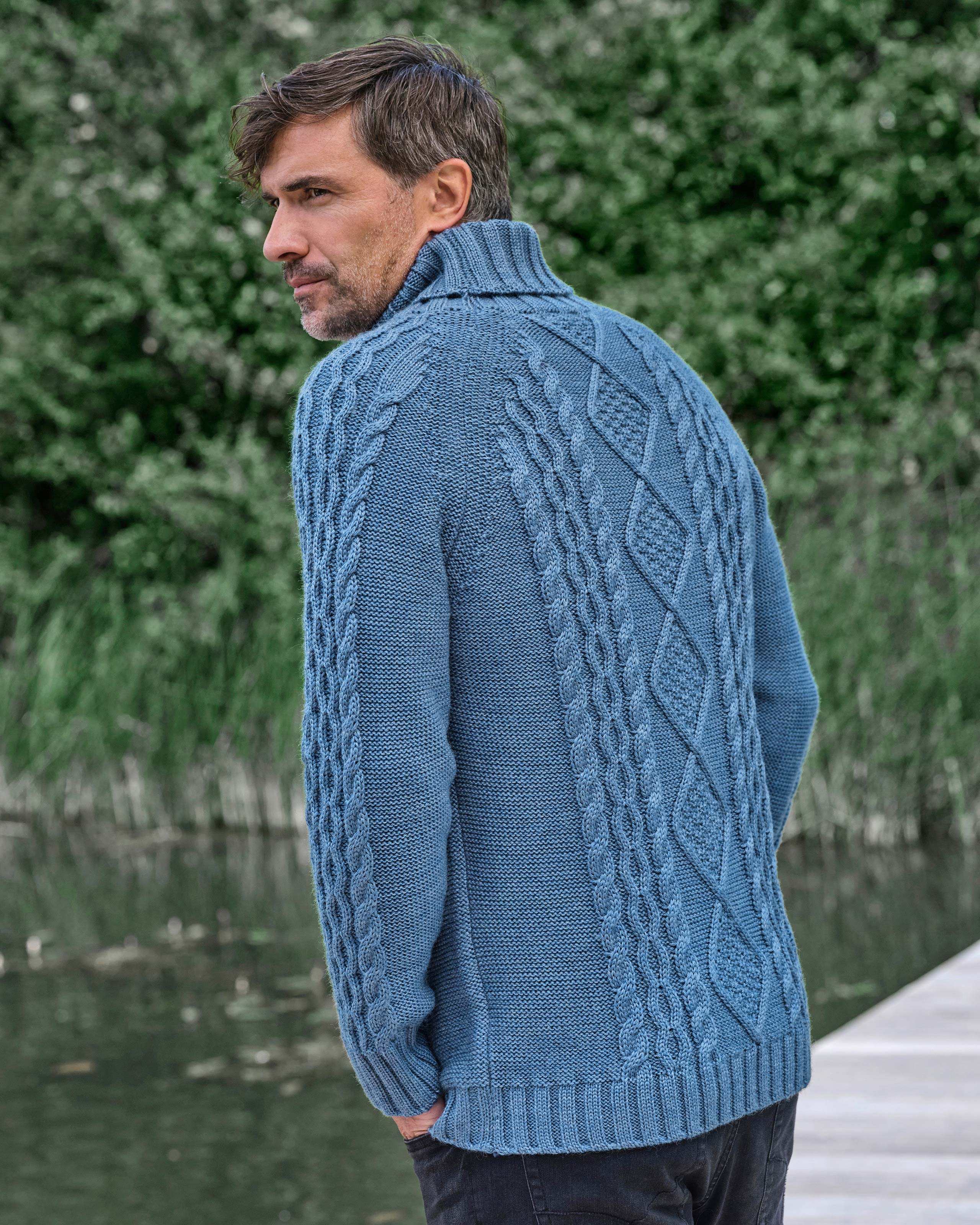 Blue Smoke | Pure Wool Knitted Aran Polo Neck Jumper | WoolOvers UK