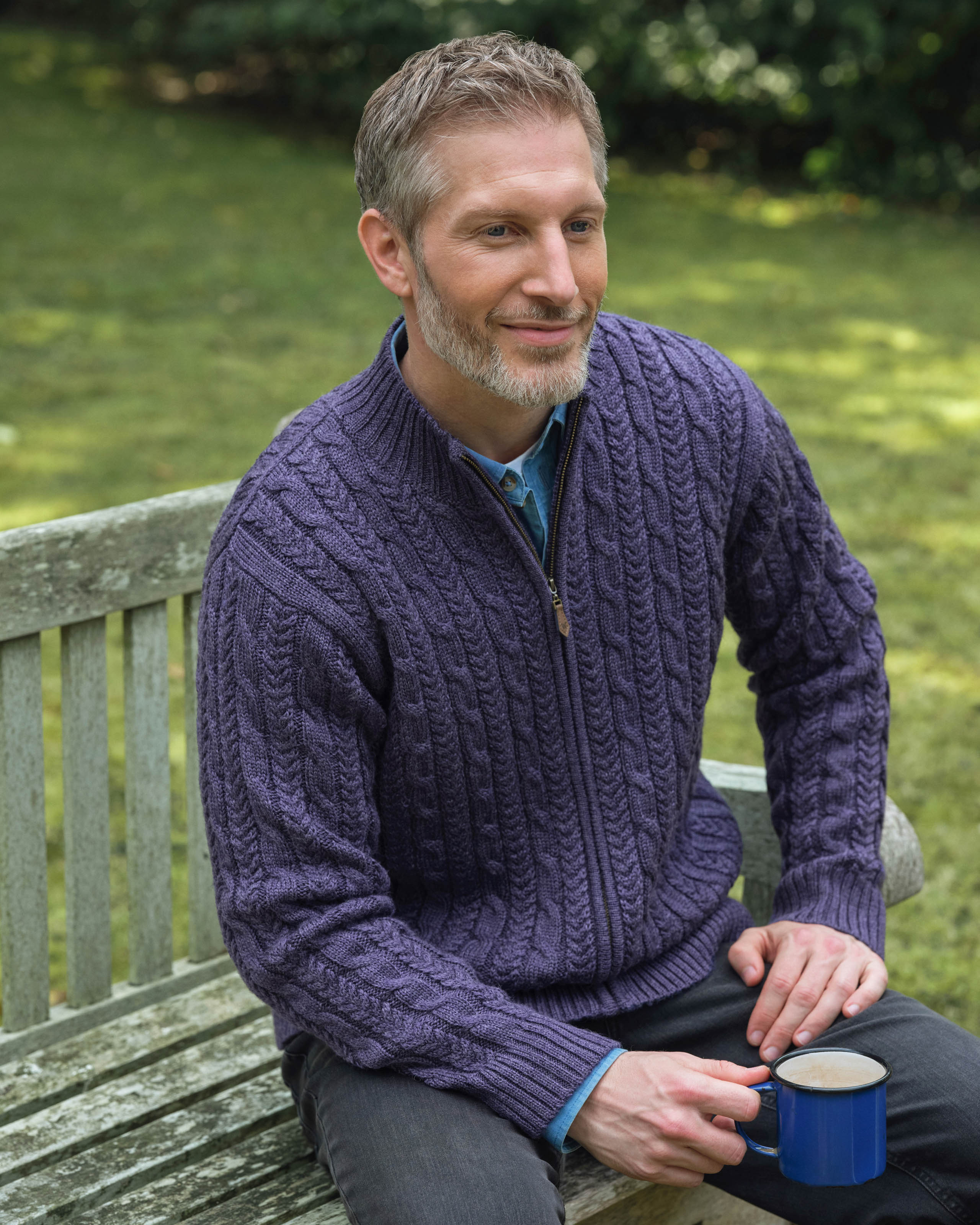 Fig Purple | Pure Wool Cable Zip Through Cardigan | WoolOvers US