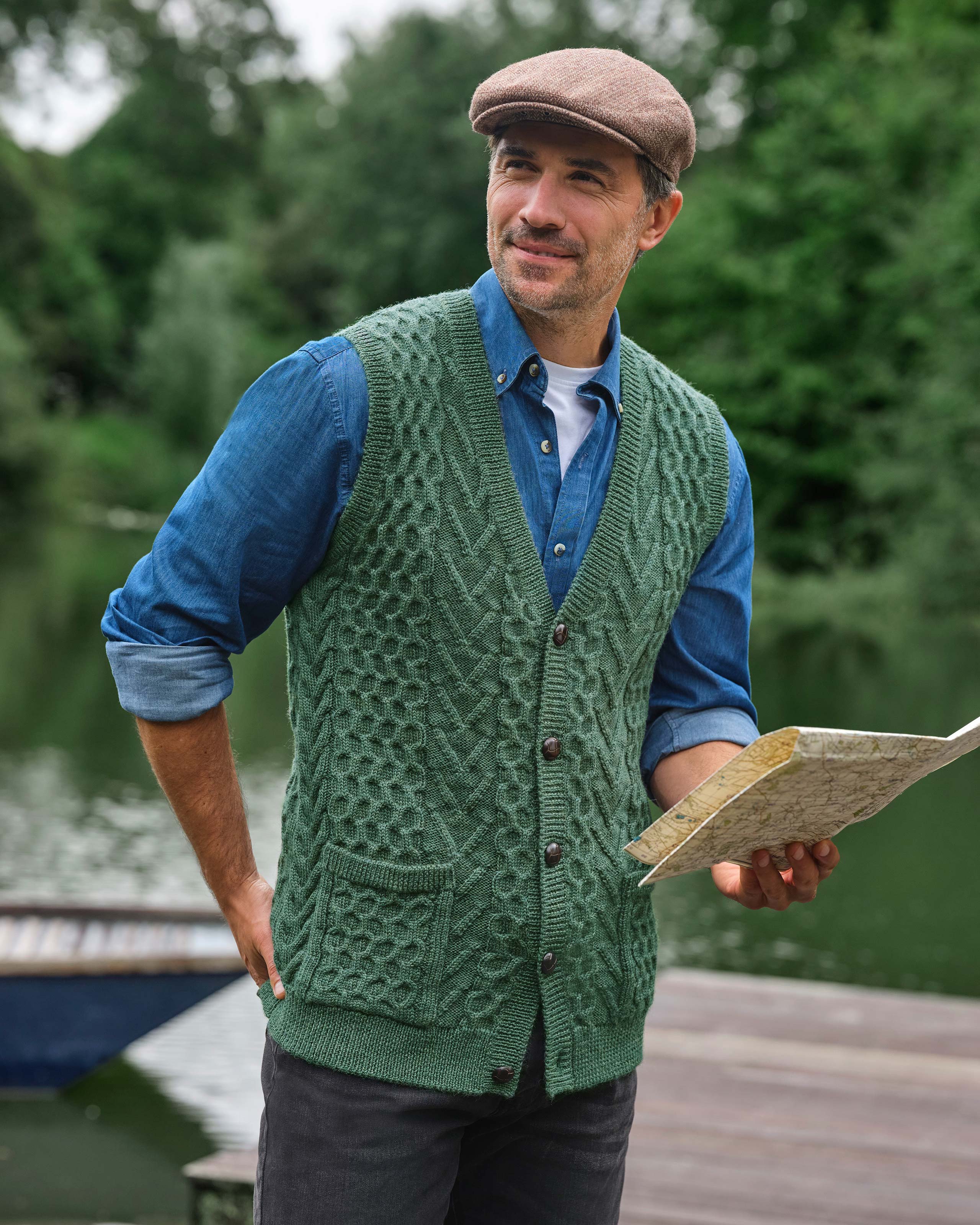 Deep Fern | Pure Wool Cable Vest | WoolOvers US