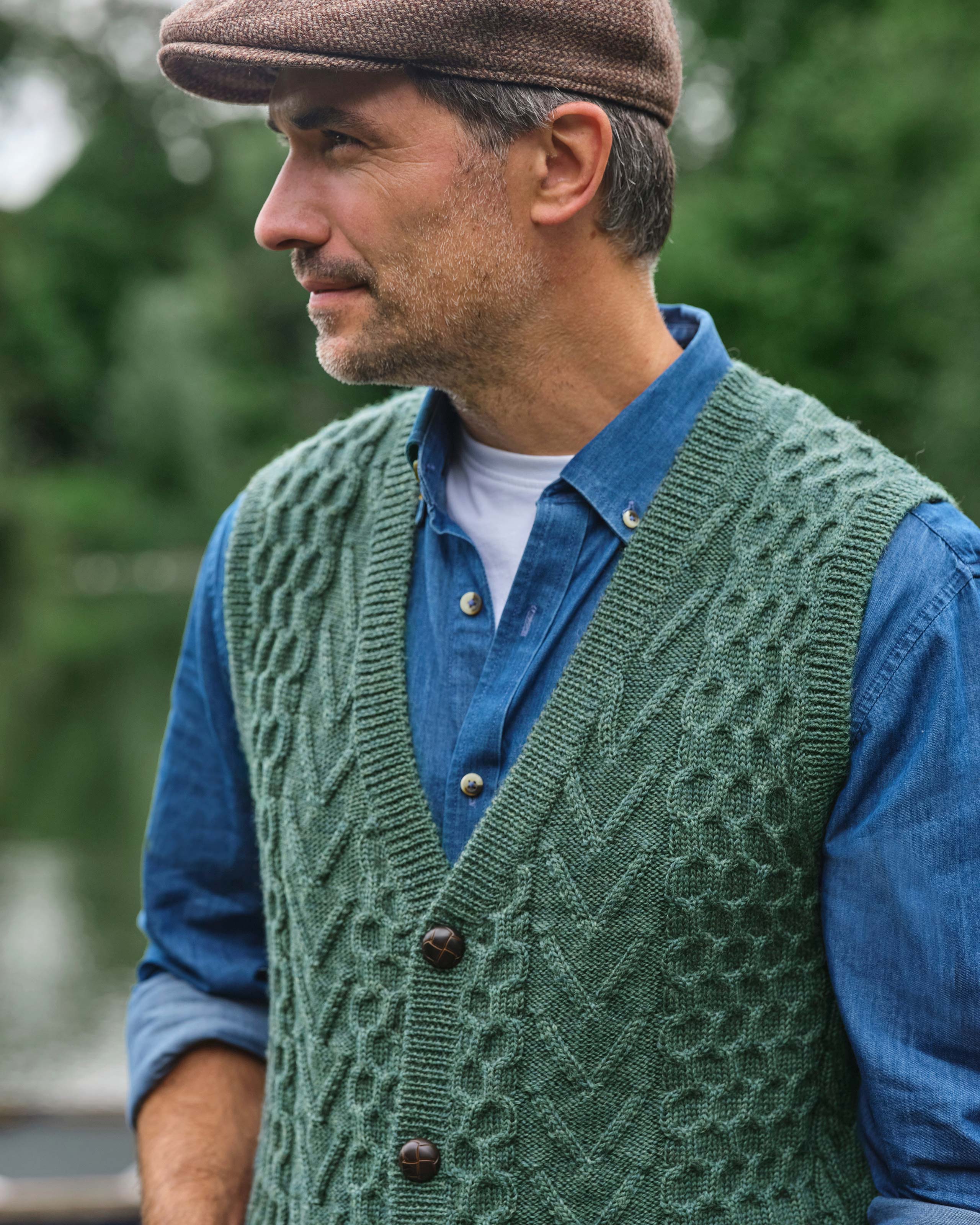 Deep Fern | Pure Wool Cable Waistcoat | WoolOvers UK