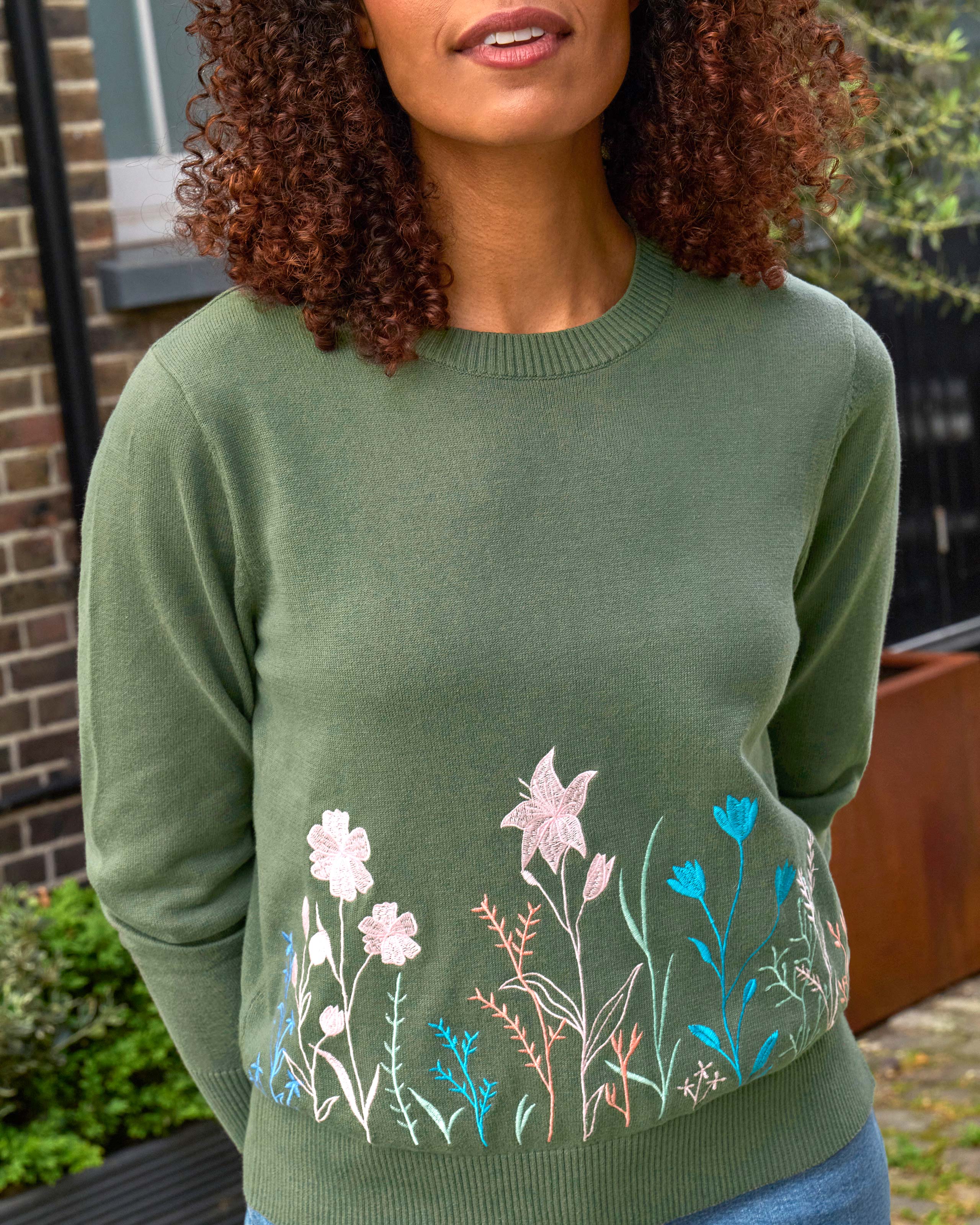 Green Multi | Floral Embroidered Hem Jumper | WoolOvers UK