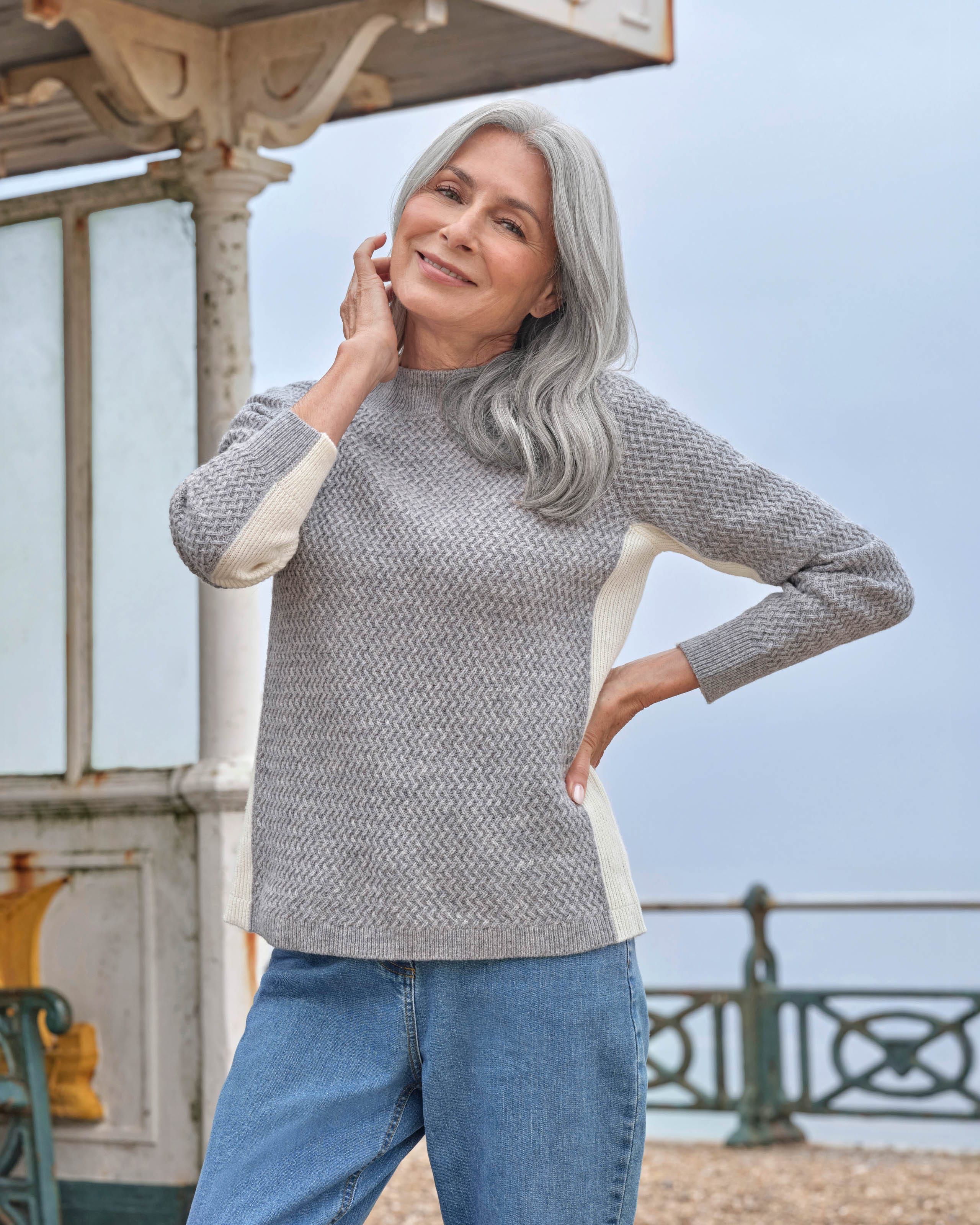 Grey Marl/Cream | Textured Color Block Sweater | WoolOvers US