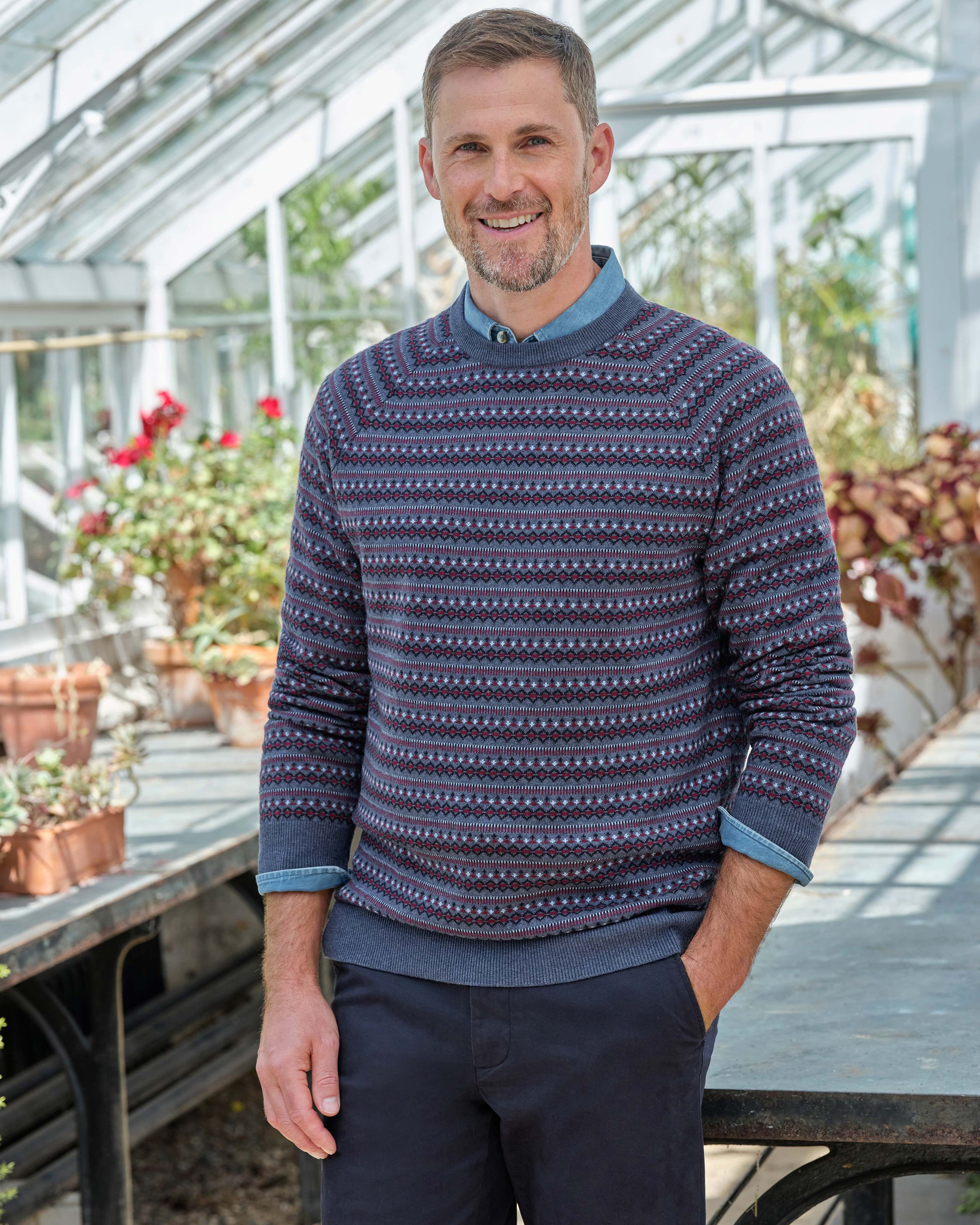 Denim Multi | Allover Fairisle Crew Jumper | WoolOvers UK