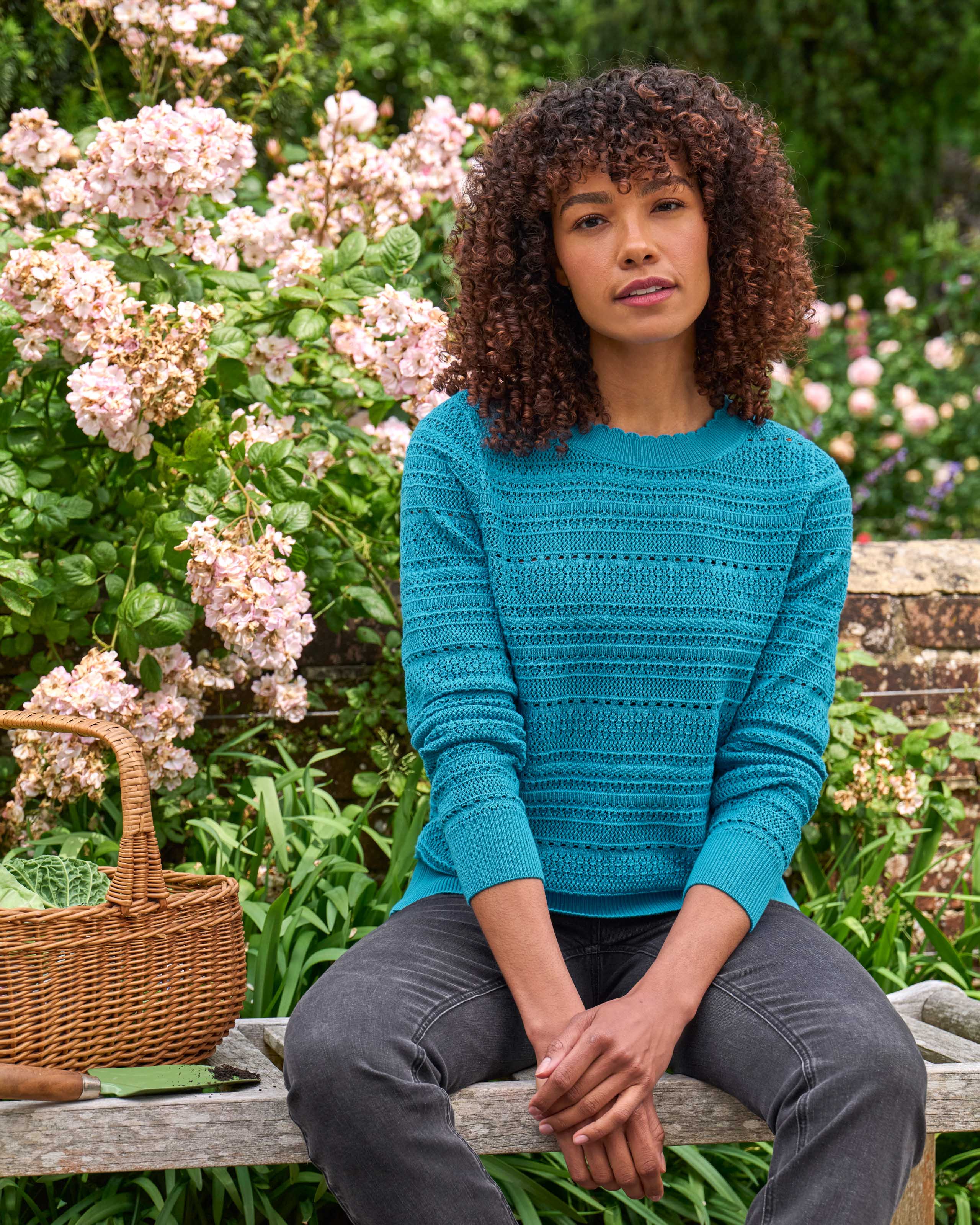 Cyan | Pointelle Cotton Sweater | WoolOvers US
