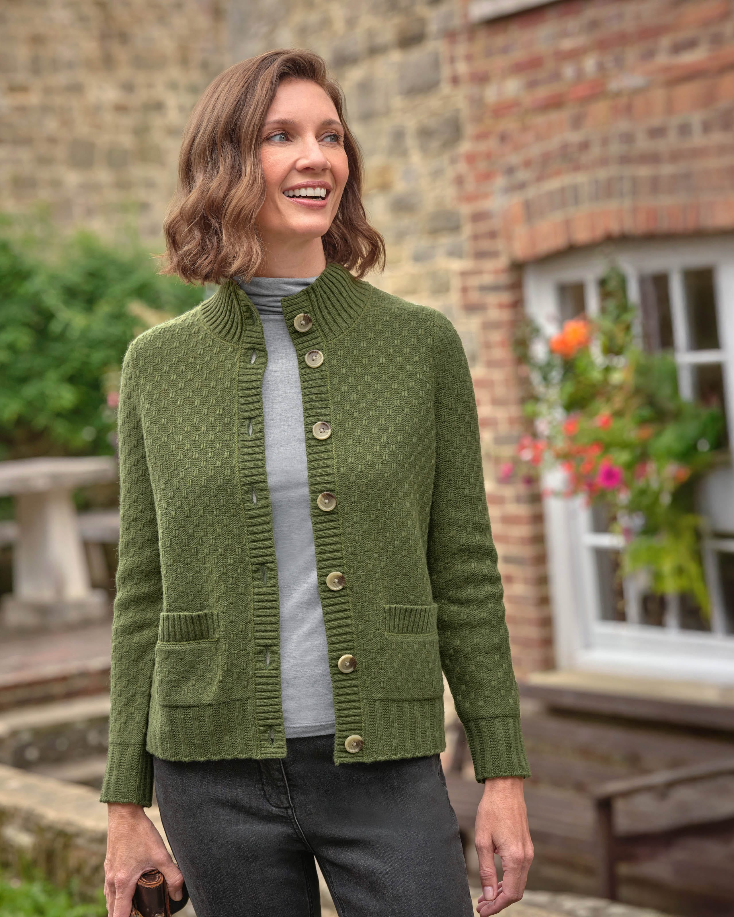 Khaki Green | Funnel Neck Button Cardigan | WoolOvers AU
