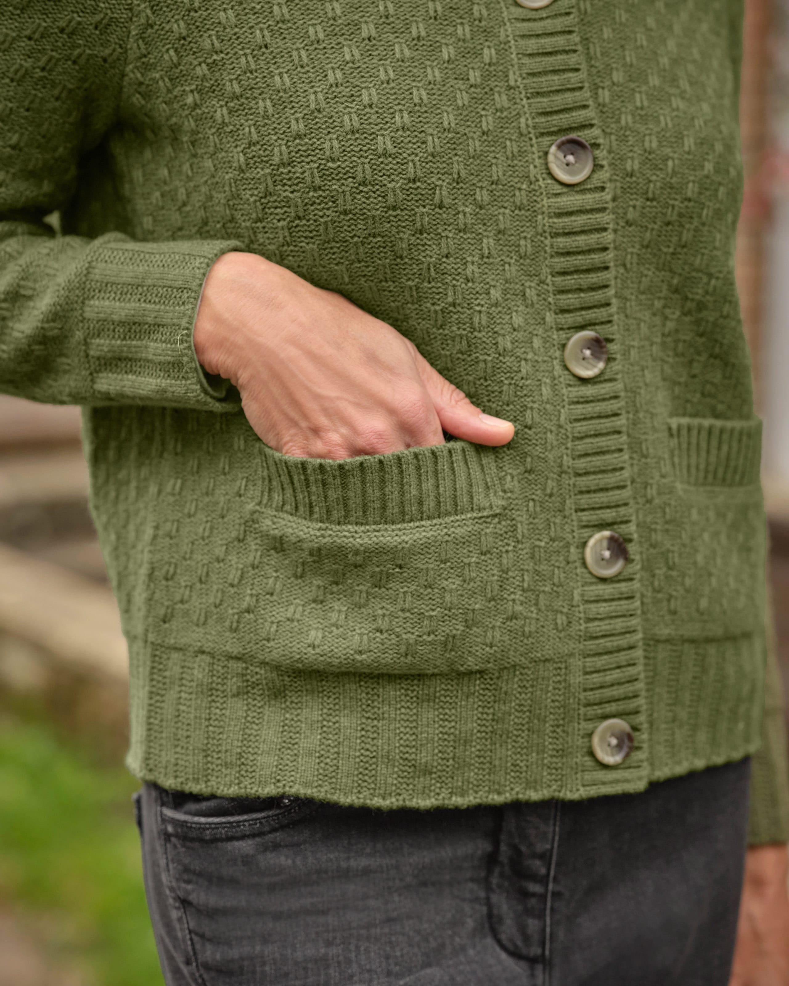 Khaki Green | Funnel Neck Button Cardigan | WoolOvers UK