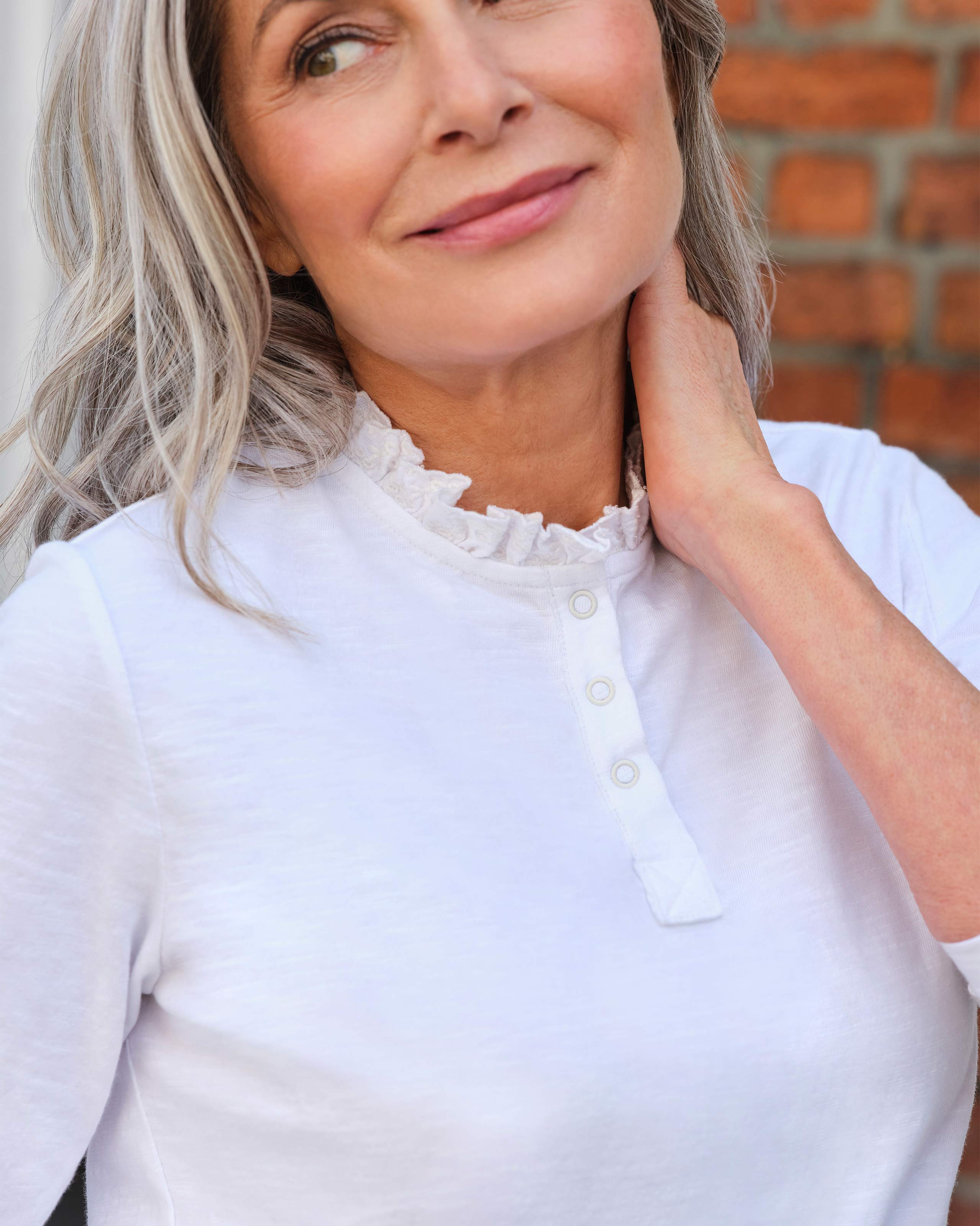 Chalk White | Frill Collar Popper Detail Top | WoolOvers US